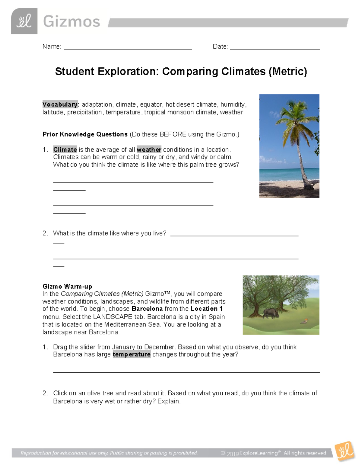 Comparing Climates Gizmo - Name: Date: Student Exploration: Comparing ...