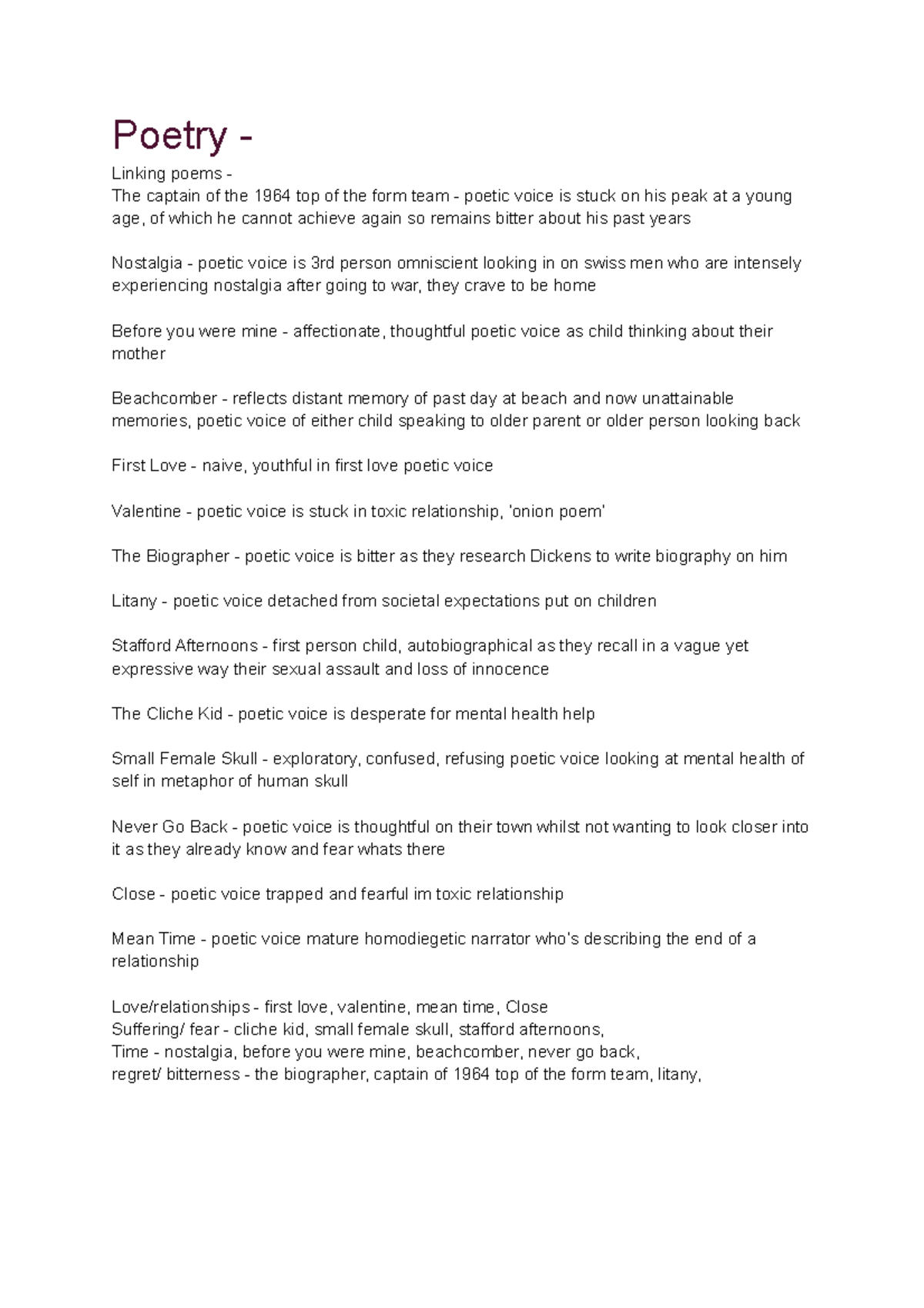 English lit lang - Poetry - Linking poems - The captain of the 1964 top ...