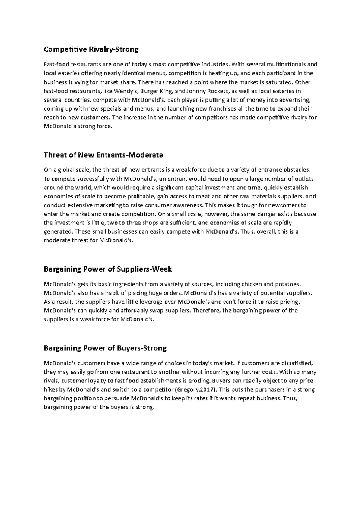 Poter's 5 forces - McDonald - Competitive Rivalry-Strong Fast-food ...
