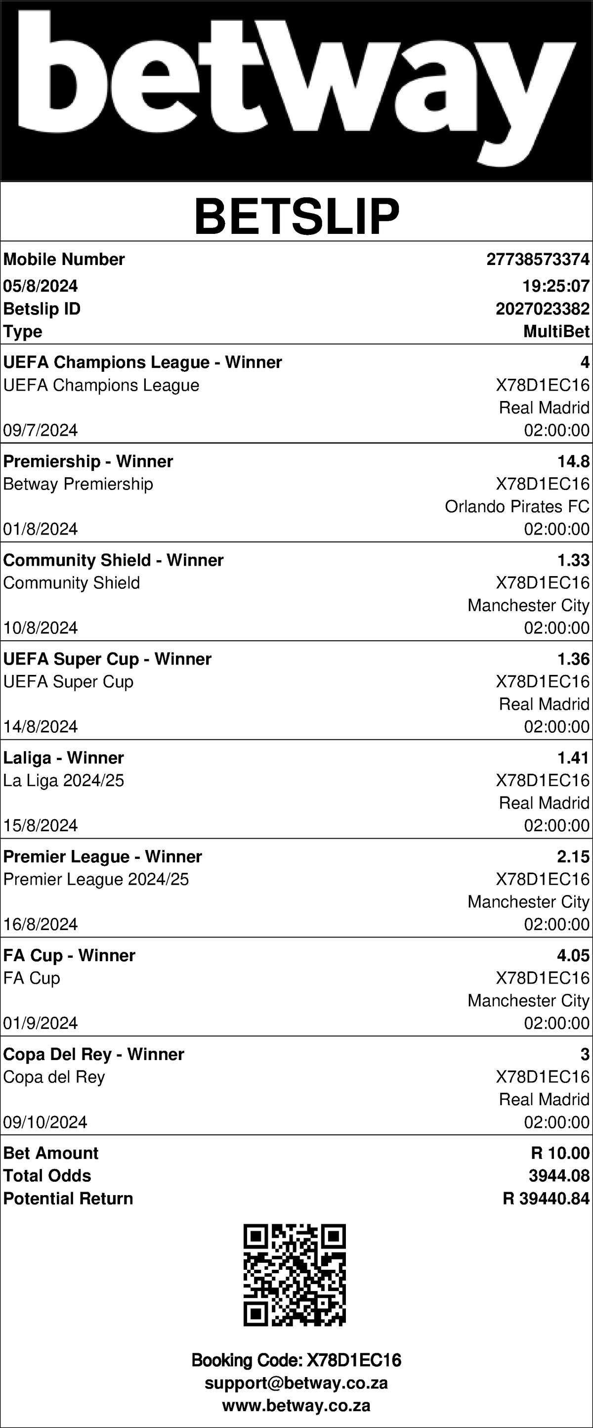 Betway X78D1EC16 - BETSLIP Mobile Number 27738573374 05/8/2024 19:25 ...
