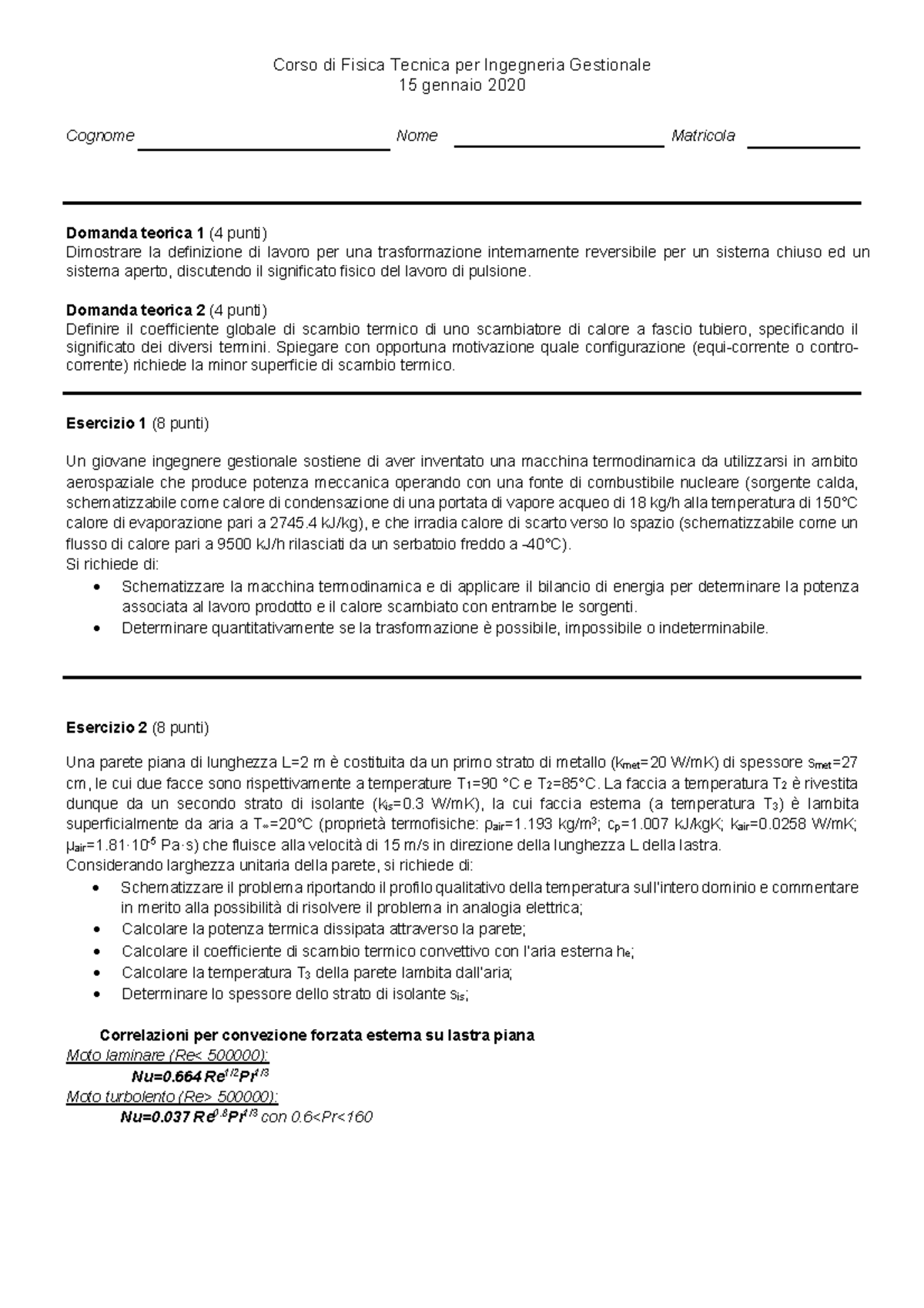 Appello FT 2020 01 15 final - Corso di Fisica Tecnica per Ingegneria ...