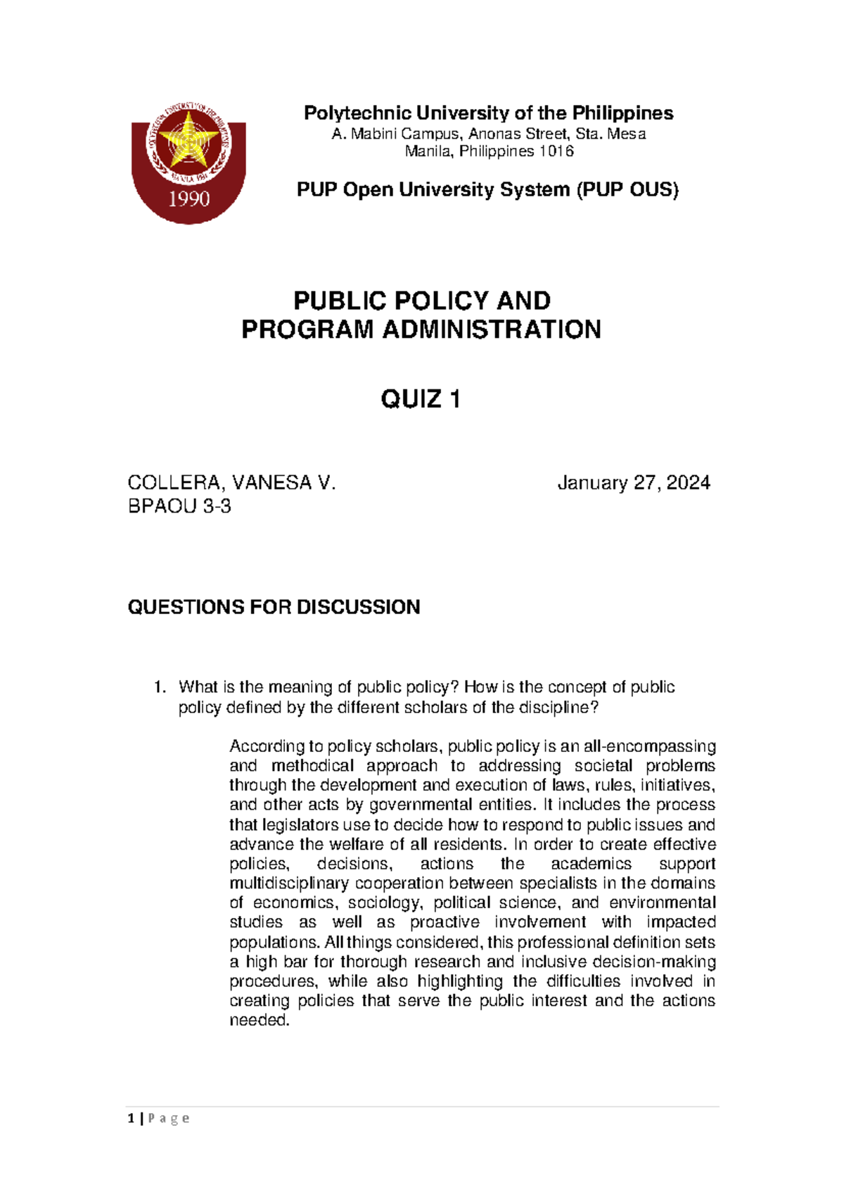 Public Policy-QUIZ 1 - 1 | P a g e Polytechnic University of the ...