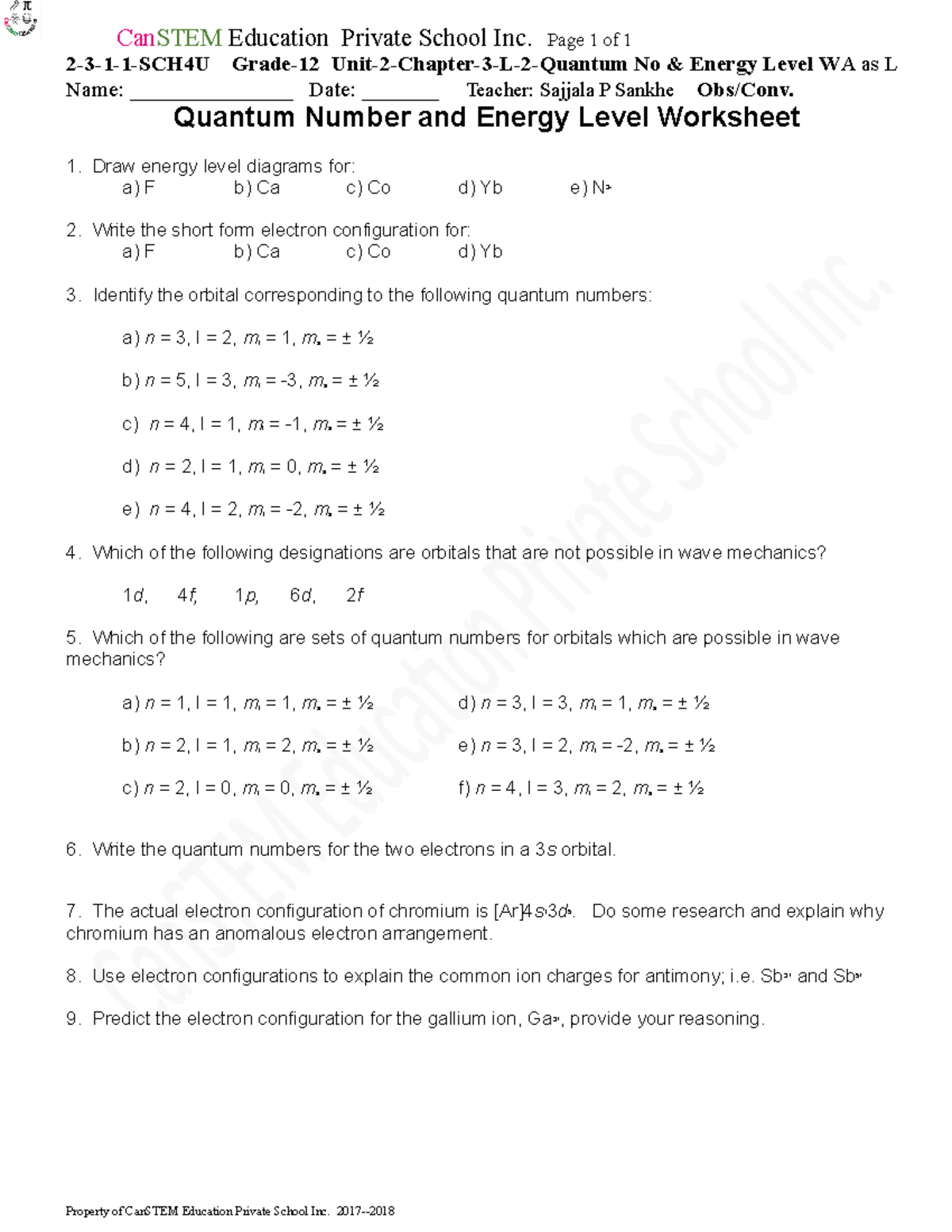 Quantum No & Energy Level Worksheet - CanSTEM Education Private School ...
