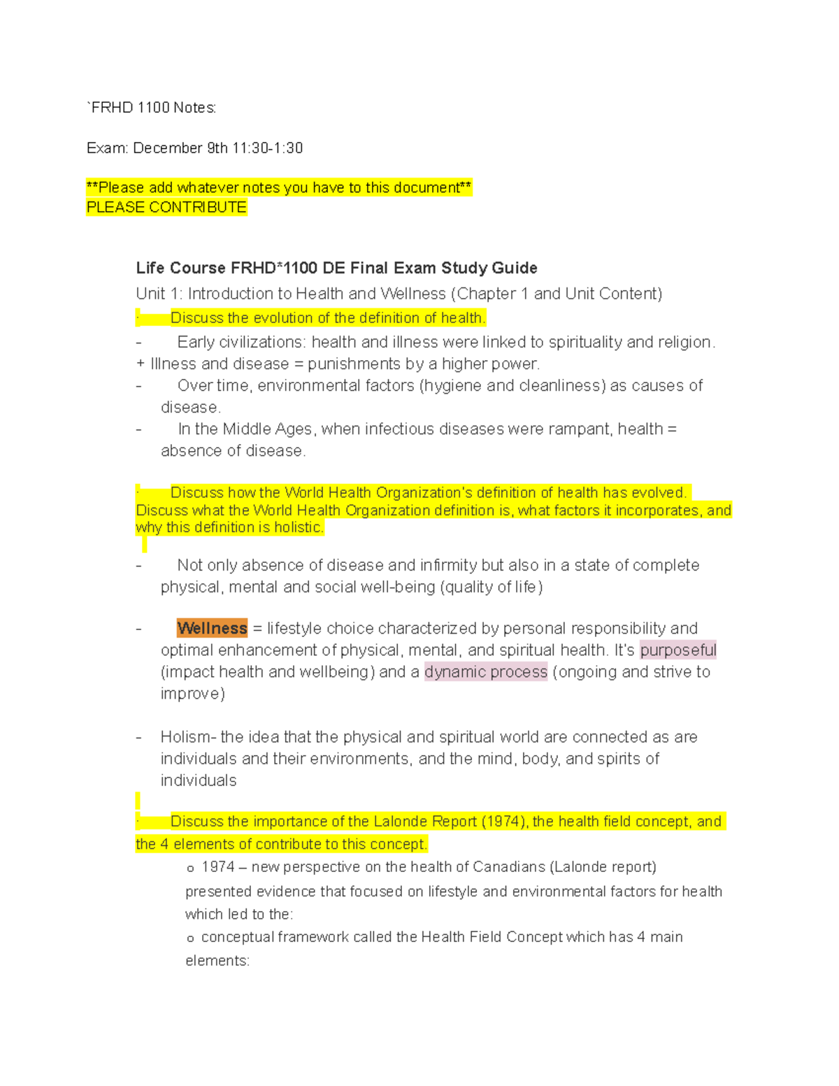 FRHD 1100 Final Exam Notes - `FRHD 1100 Notes: Exam: December 9th 11:30 ...