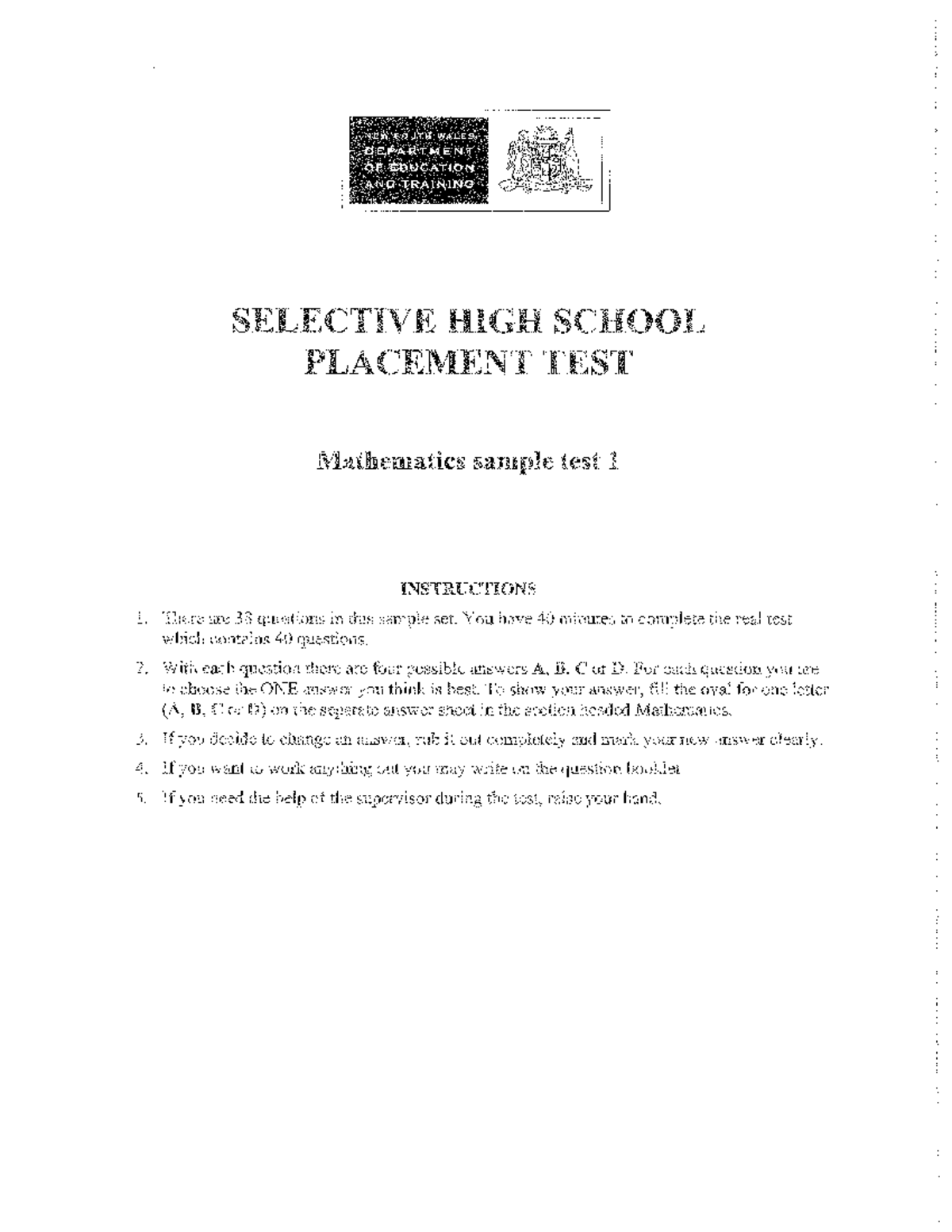 001 Selective School Mathematics Placement Test - NEW SOUTH WALES ...