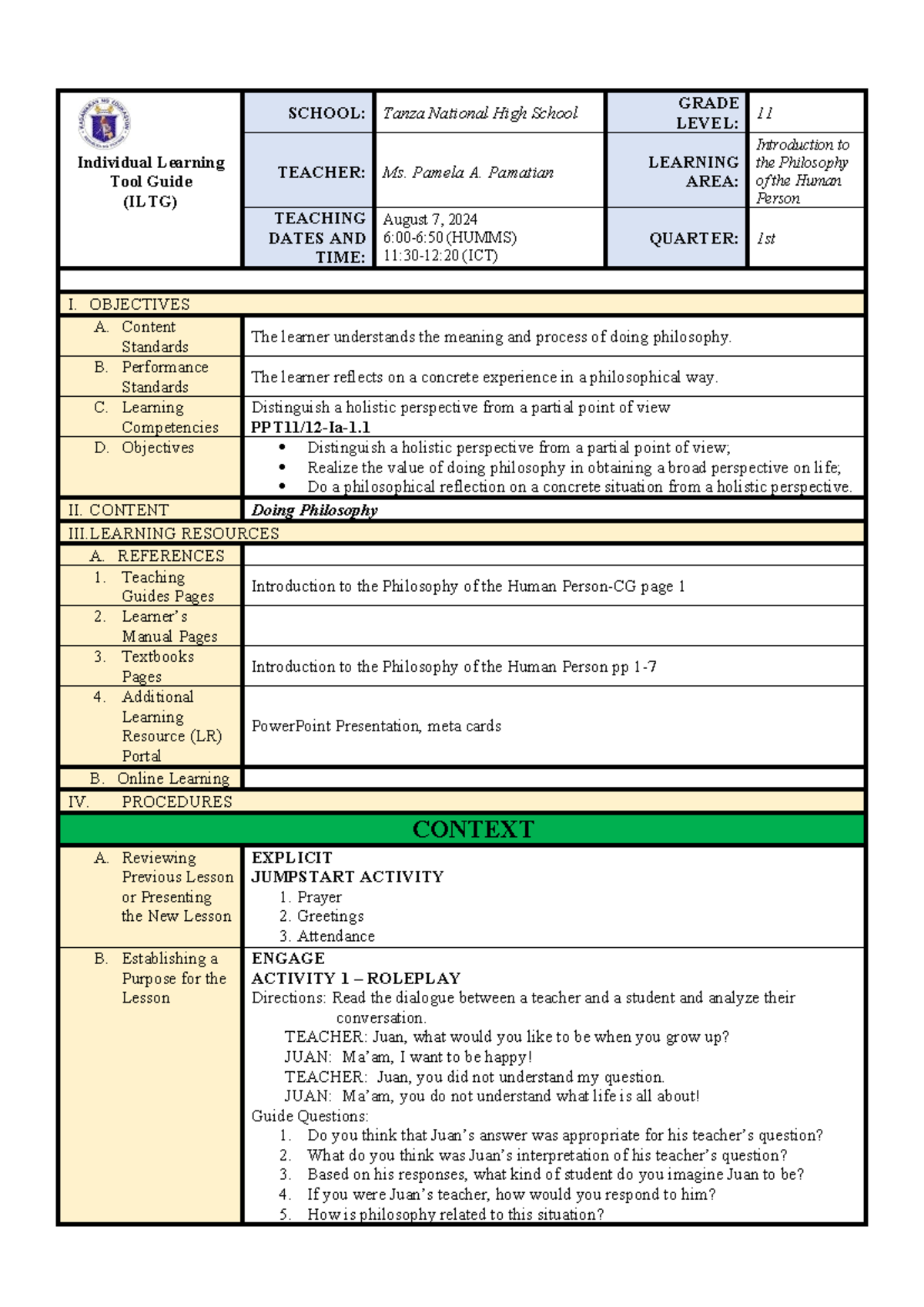AUG 7 DLP- Philo - Holistic AND Partial Perspective - Individual ...