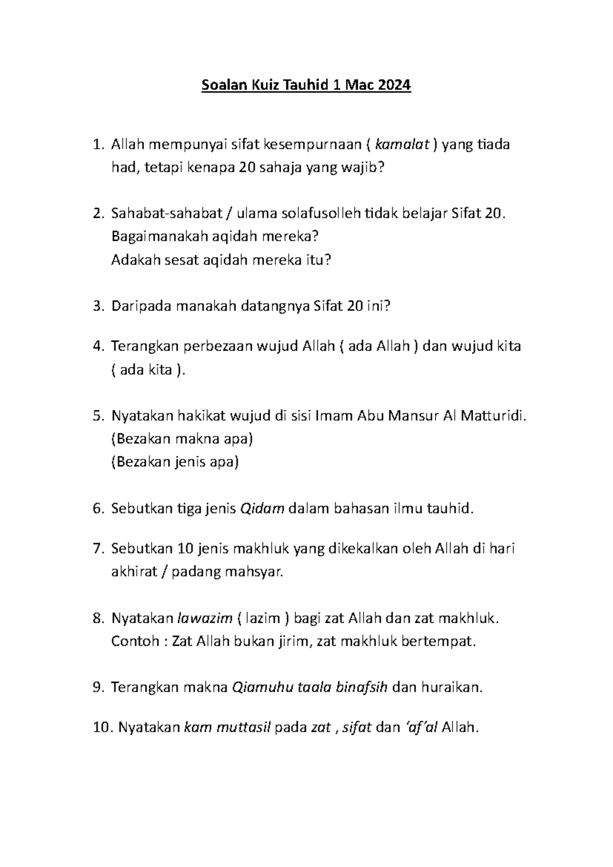 Soalan Tauhid 1 Mac 2024 - Soalan Kuiz Tauhid 1 Mac 2024 Allah mempunyai sifat kesempurnaan ...