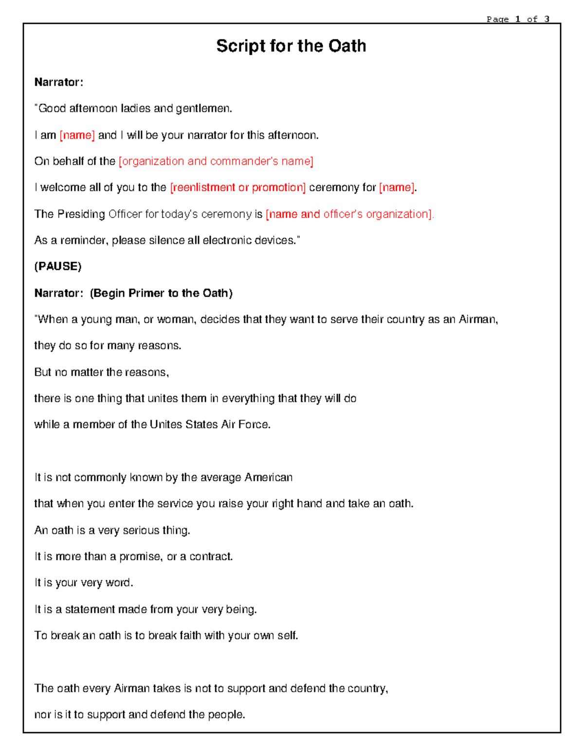 Oath Script - Vgggggggggyyy - Page 1 of 3 Script for the Oath Narrator: “Good afternoon ladies ...