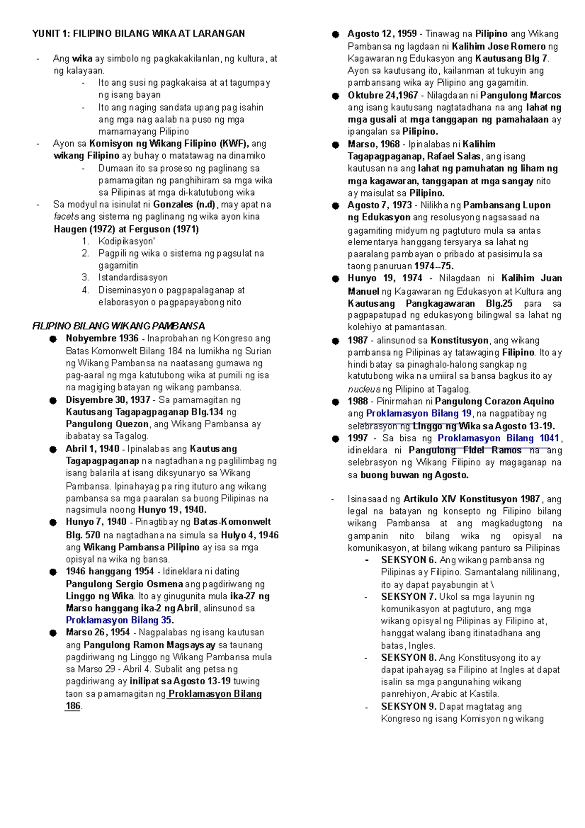 Fili-101-notes-fili compress - YUNIT 1: FILIPINO BILANG WIKA AT ...