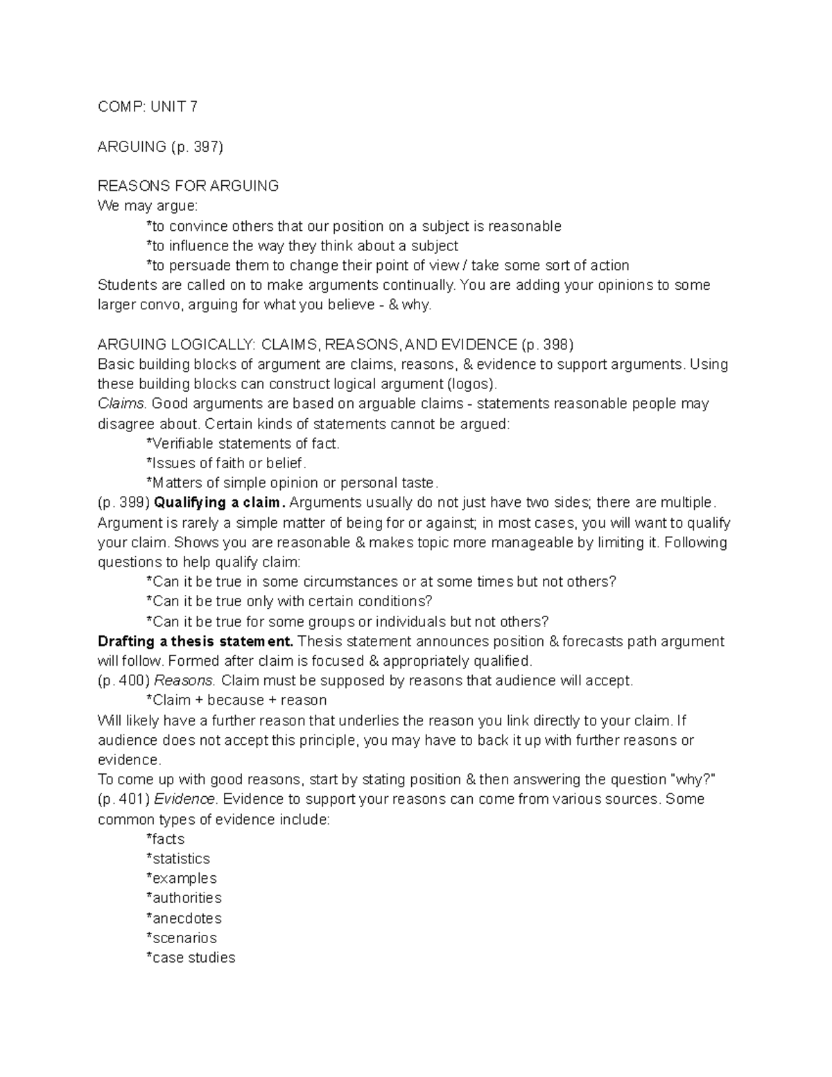 COMP UNIT 7 - Reading notes for Unit 7 of College Composition I, for ...