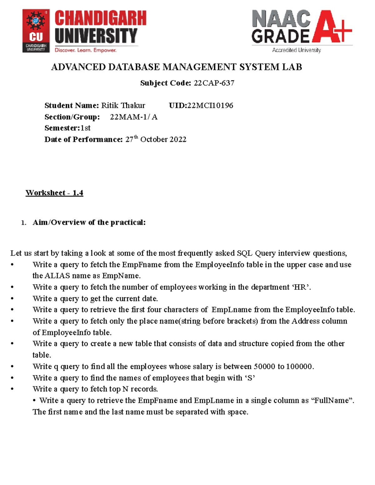 22MCI10196 Ritik Thakur 1 - ADVANCED DATABASE MANAGEMENT SYSTEM LAB ...