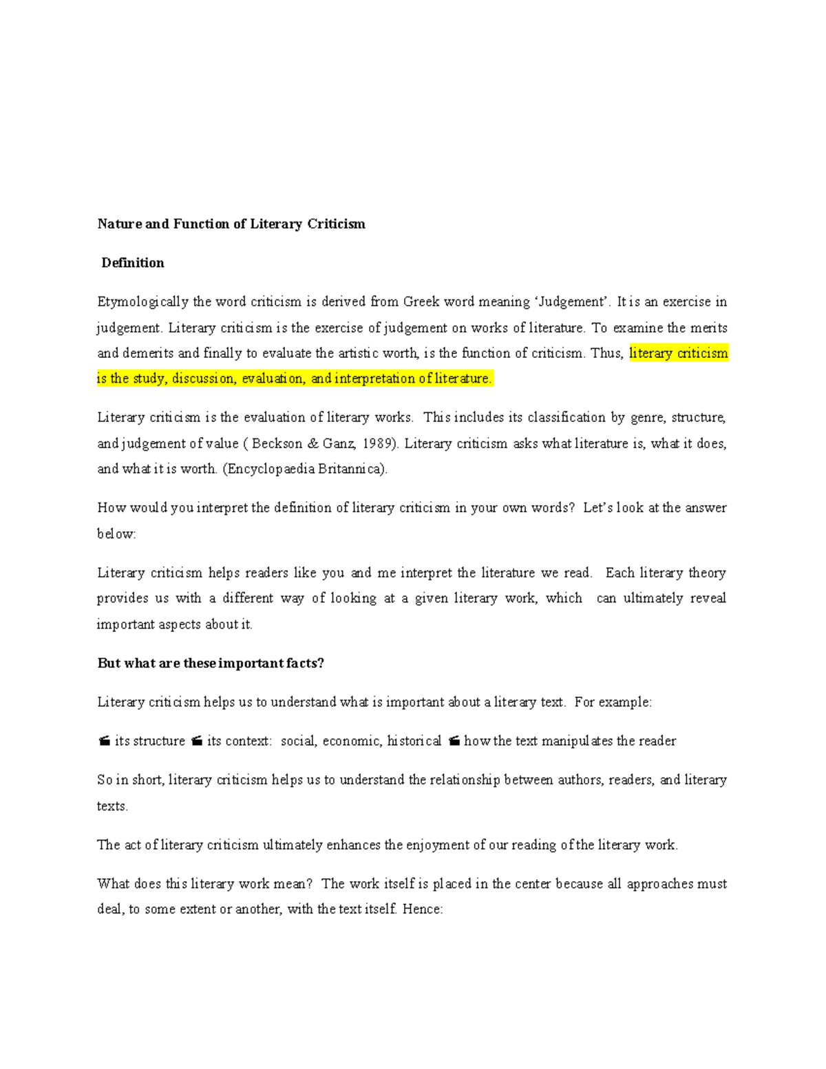 Literary Theory AND Criticism 1 - Nature and Function of Literary ...