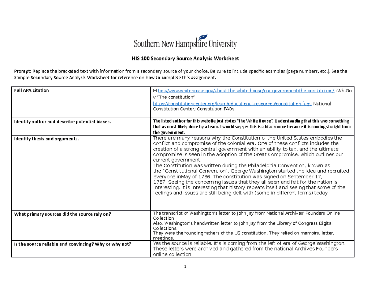HIS 100 Secondary Source Analysis Worksheet - HIS 100 Secondary Source ...