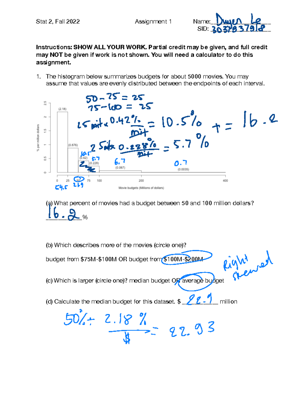 Assignment 1 - Partial credit may be given, and full credit may NOT be ...