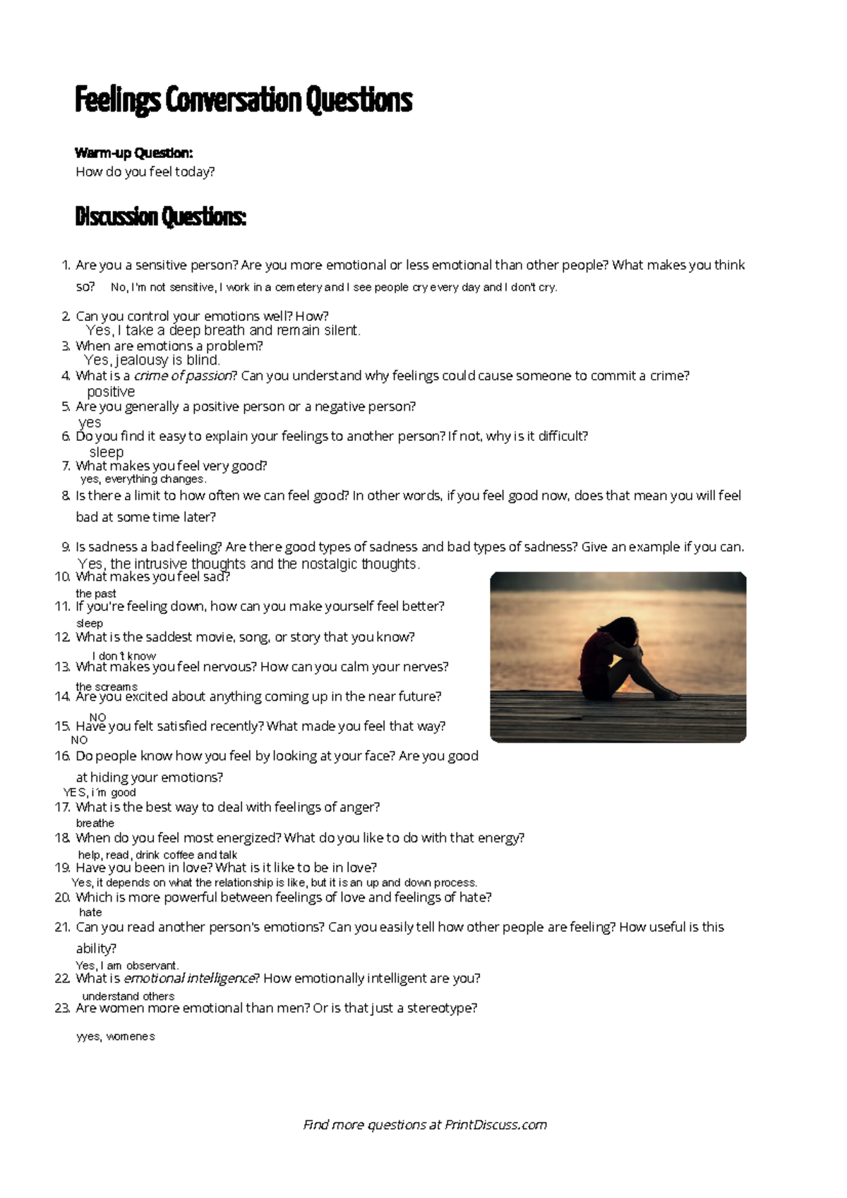 Feelings-questions - INGLES FEELINGS - Feelings Conversation Questions ...
