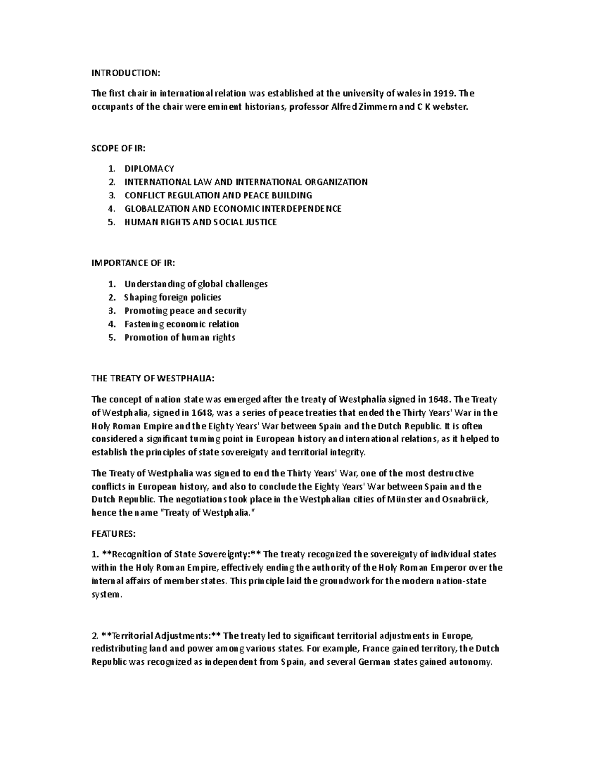 UNIT 1 IR Notes - INTRODUCTION: The first chair in international ...