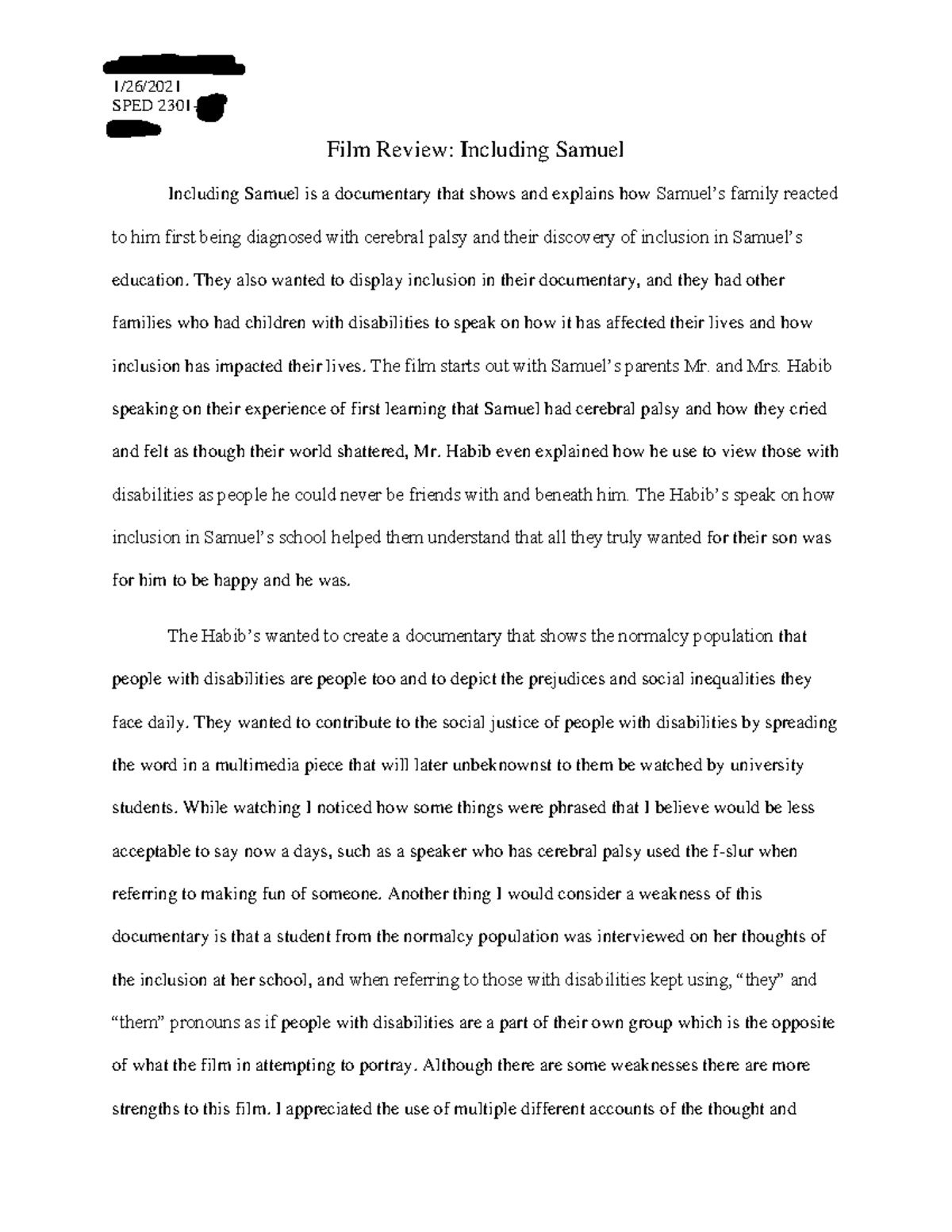 Film Review; Including Samuel - Baldwin, Jasmine 1/26/ SPED 2301-05 ...