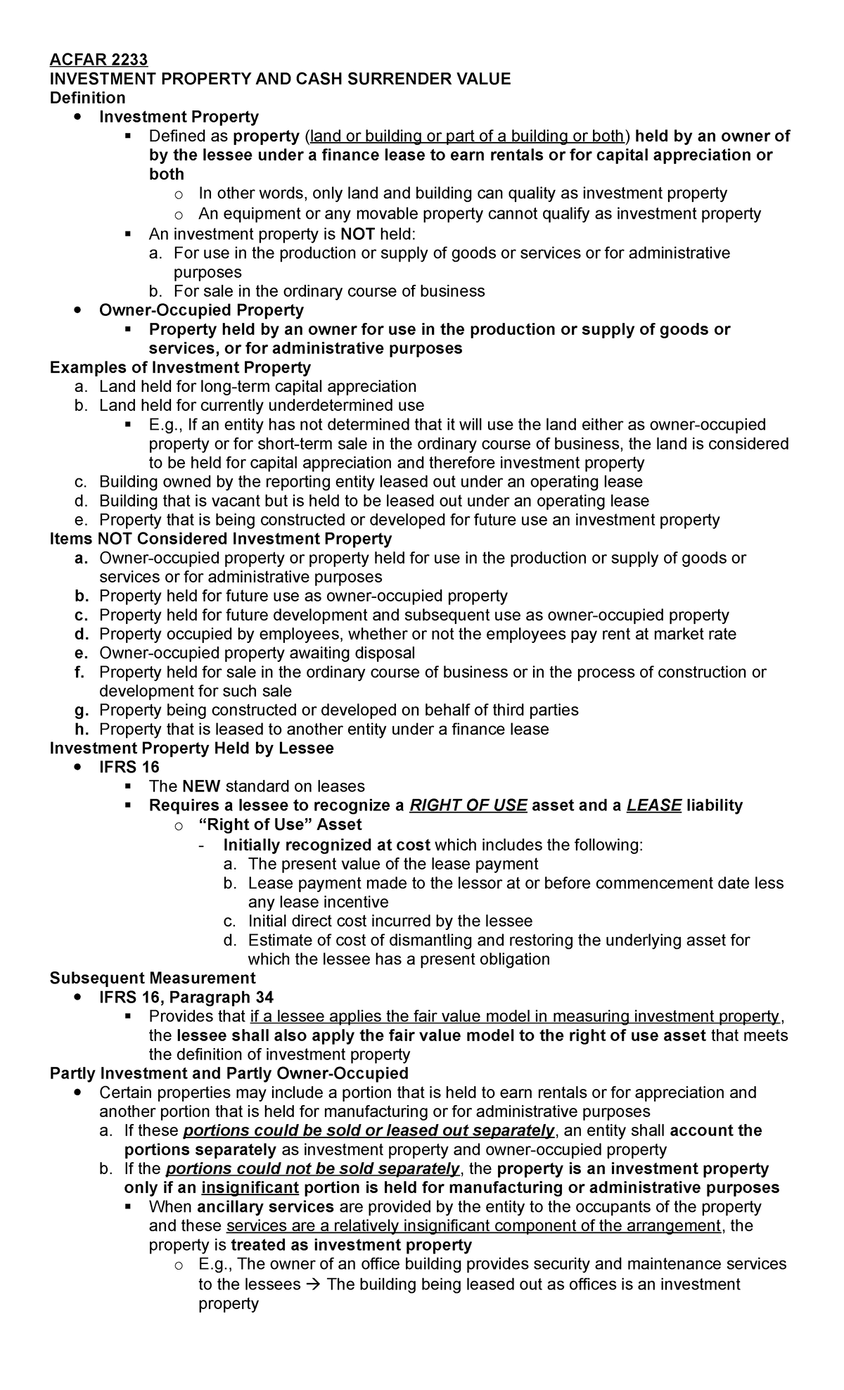 1. Investment Property AND CASH Surrender Value - ACFAR 2233 INVESTMENT ...