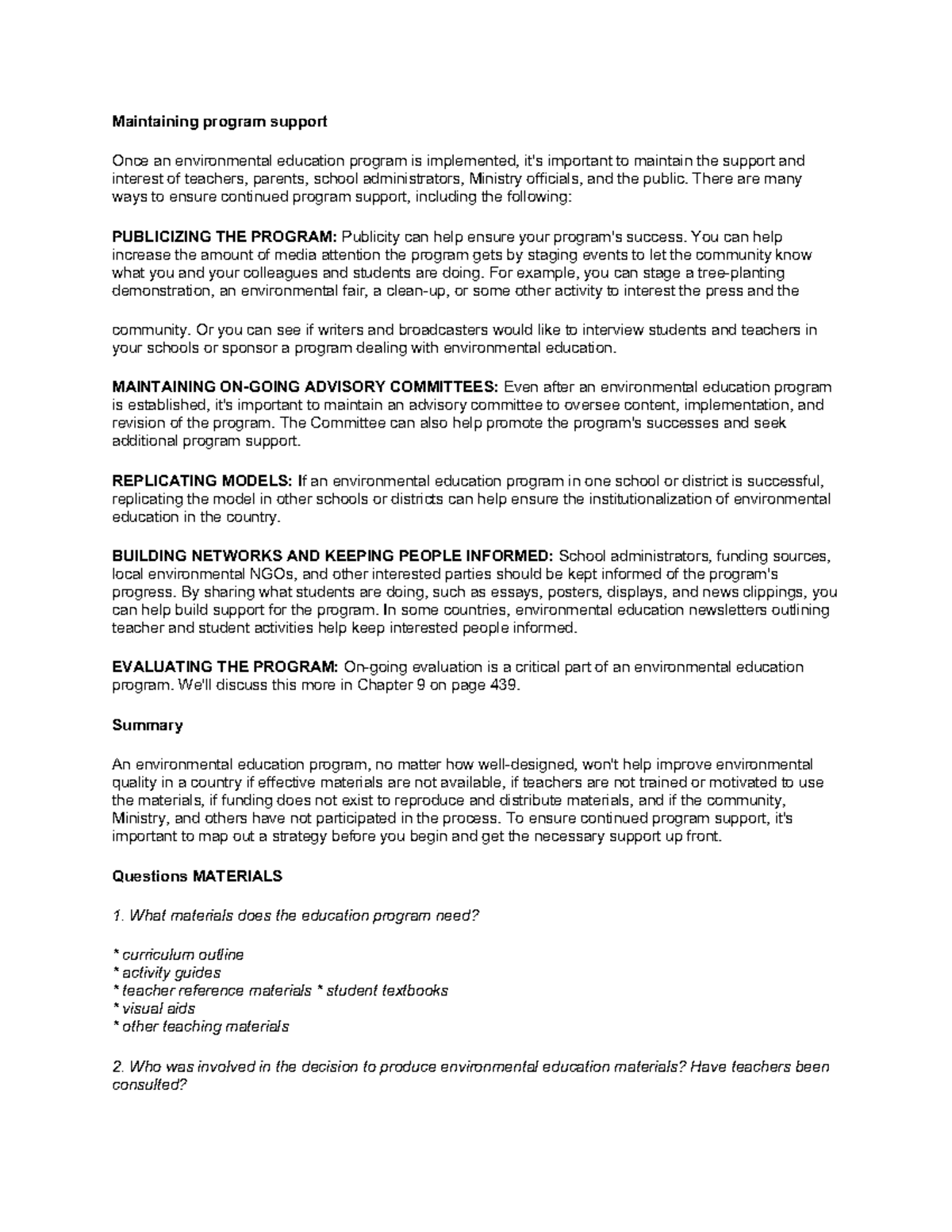 BBB - n.a - Maintaining program support Once an environmental education ...