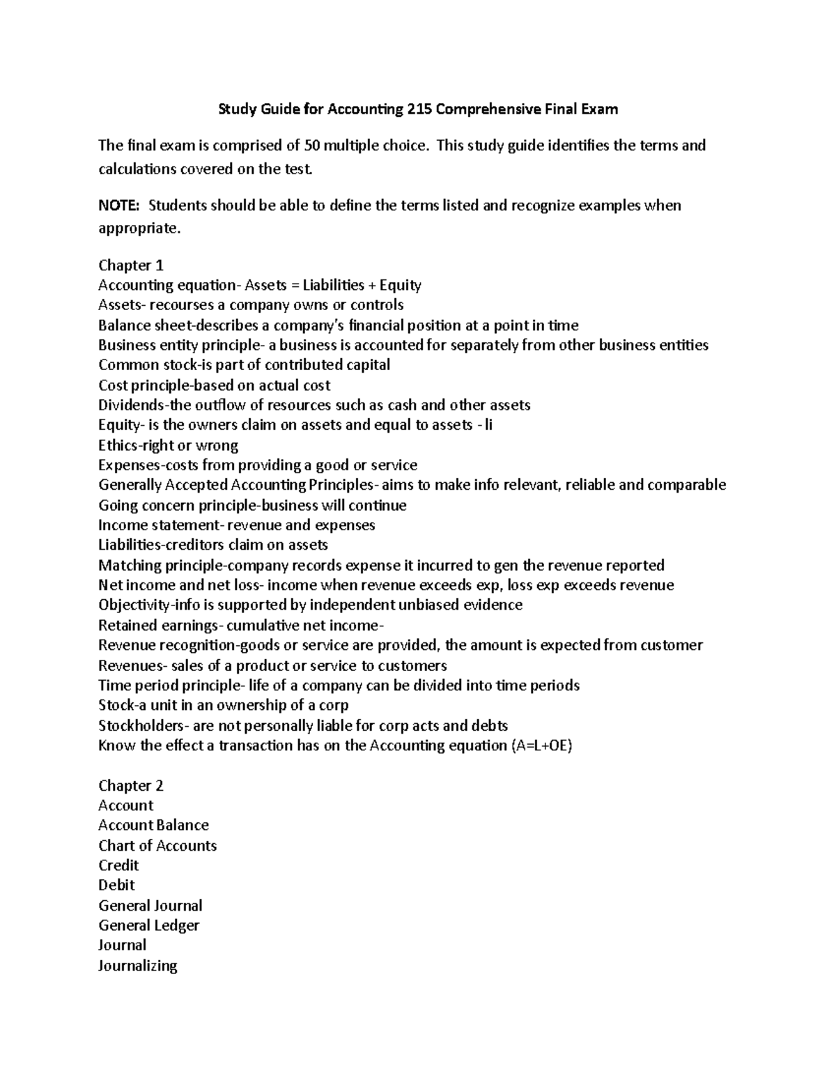 A215 Study Guide Final Exam - Study Guide for Accounting 215 ...