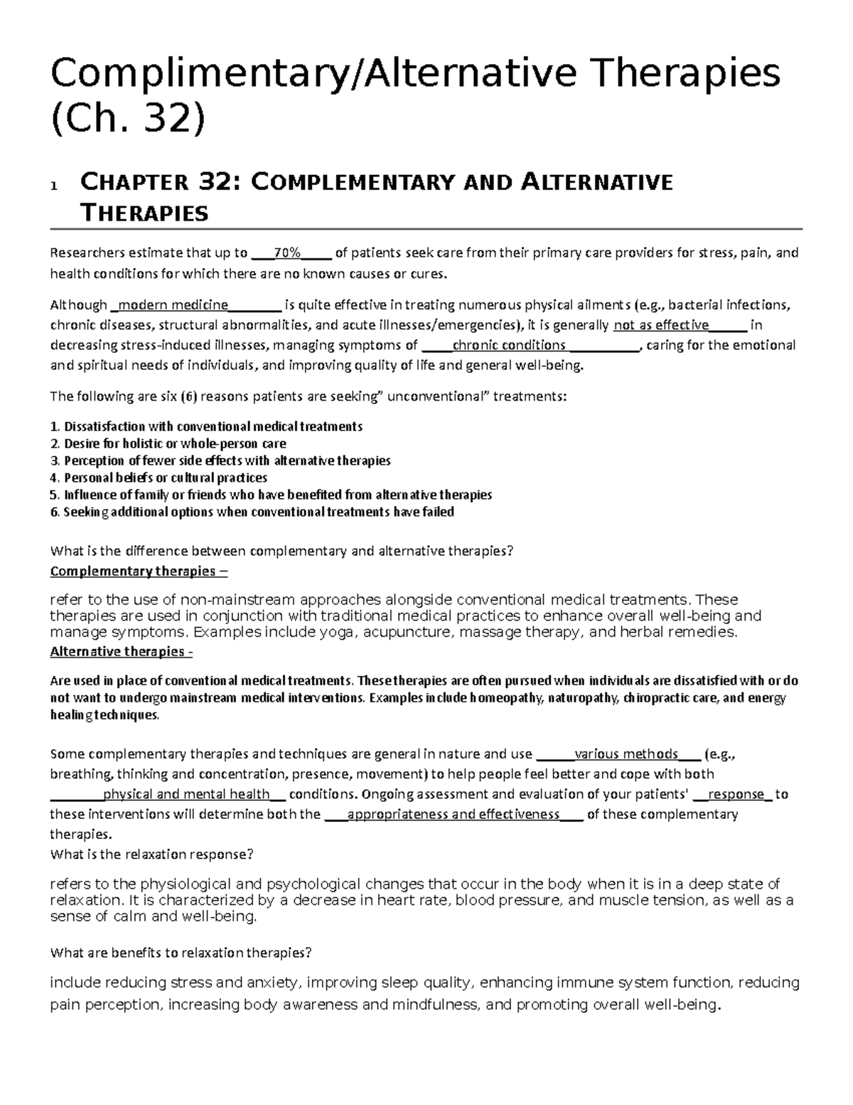 Complimentary - Notes - Complimentary/Alternative Therapies (Ch. 32) 1 ...