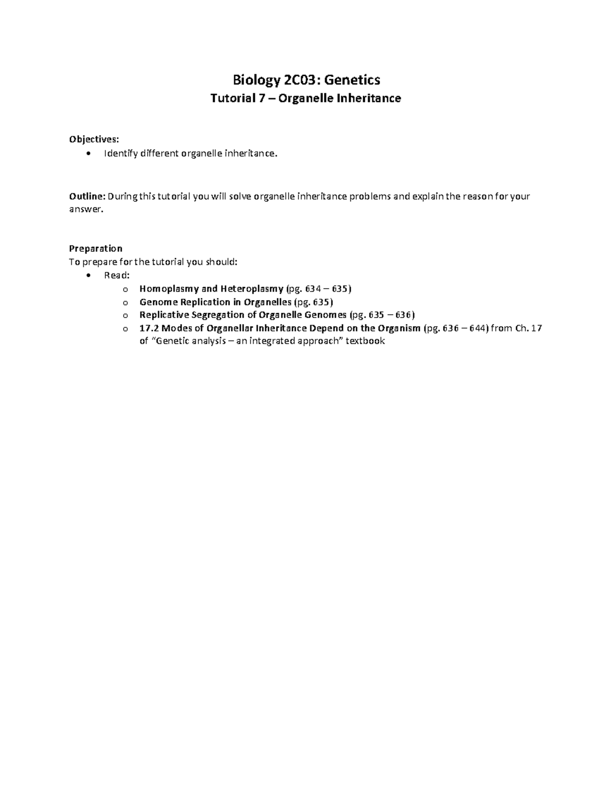 Tutorial 7 guide - Biology 2C03: Genetics Tutorial 7 – Organelle ...