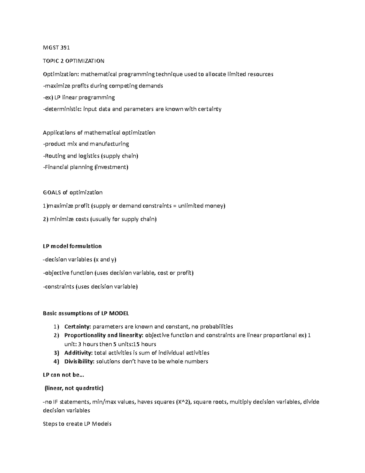 Topic 2 MGST notes - mgst 217 - MGST 391 TOPIC 2 OPTIMIZATION ...