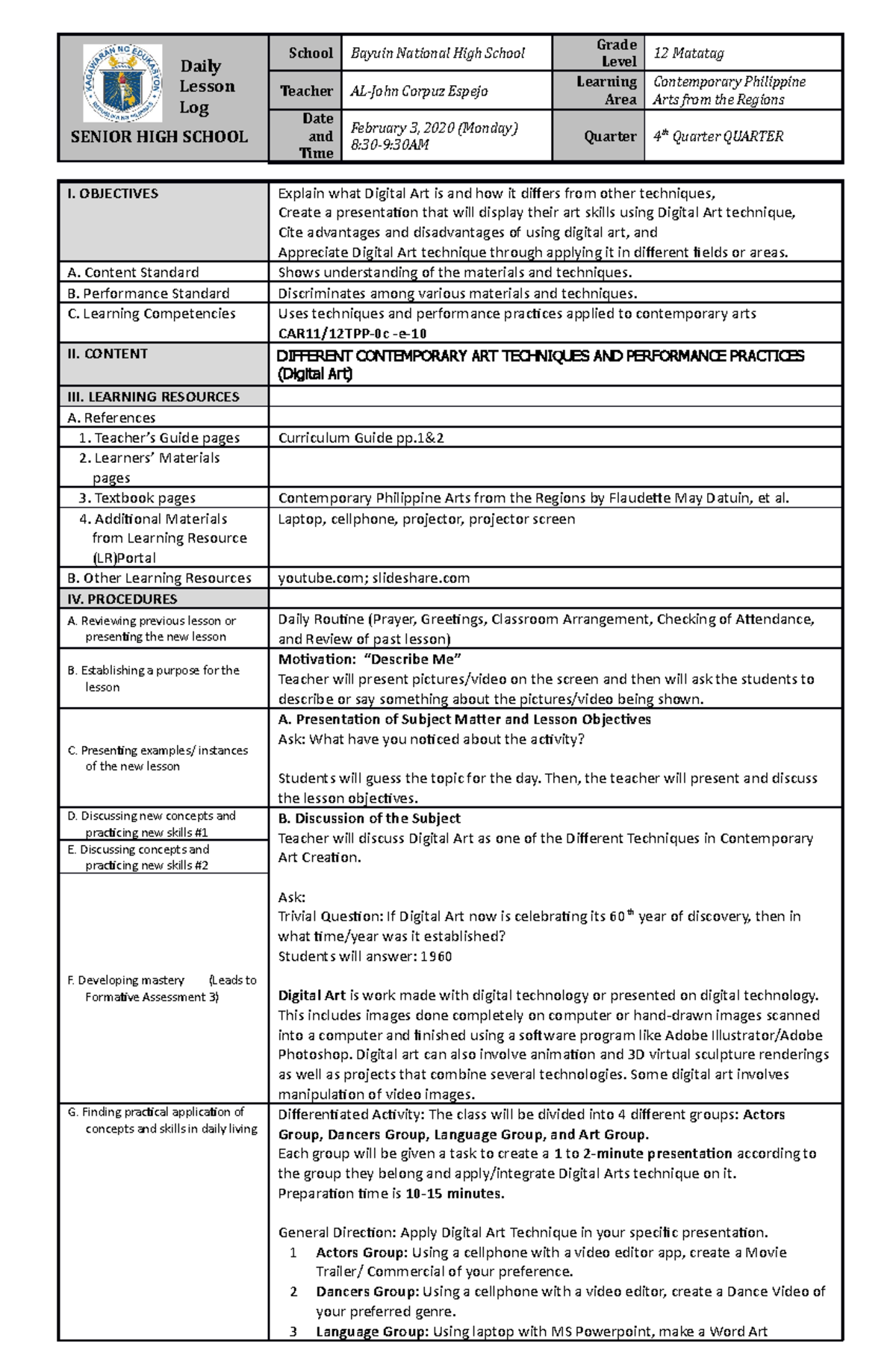DLP Contempo Jan 30 ( Observation) - Daily Lesson Log SENIOR HIGH ...