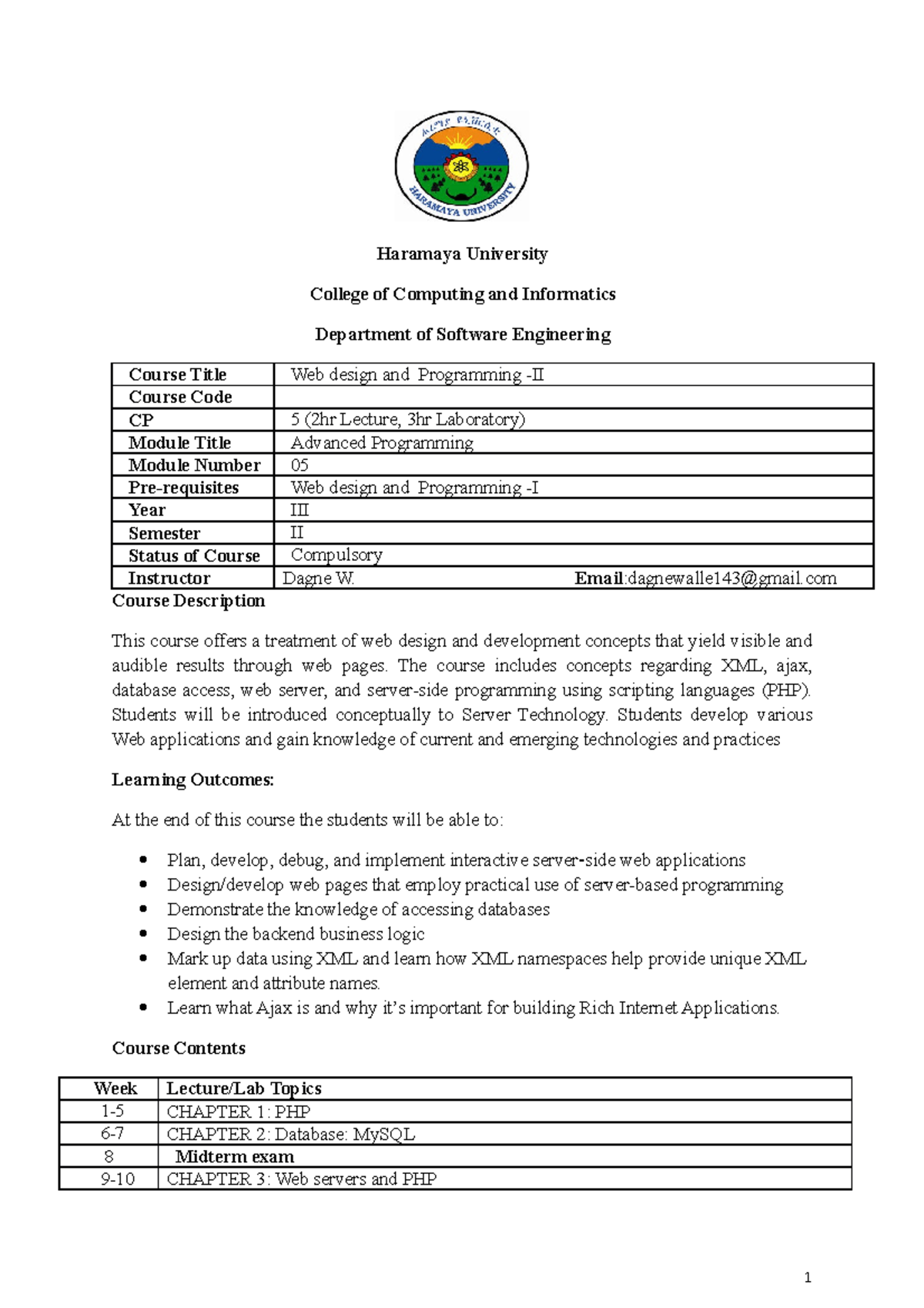 Course outline-web prog-for all centers - Haramaya University College ...