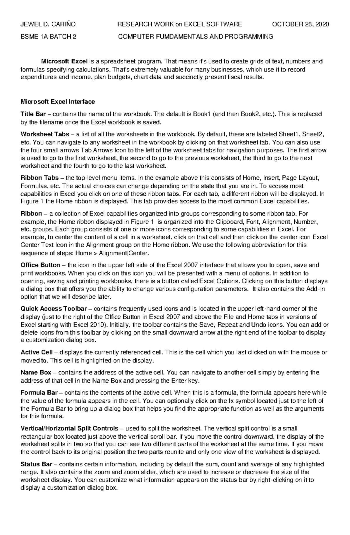 Reseach WORK ON Excel Software - Computer Fundamentals and Programming - PangSU - Studocu