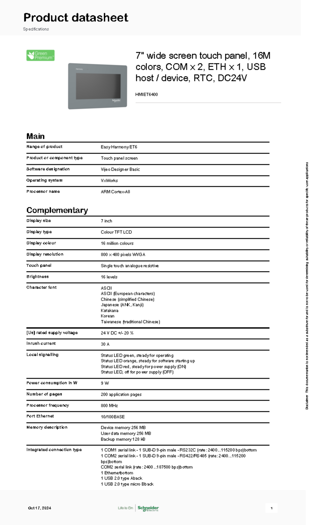 Schneider Electric Easy-Harmony-ET6 Hmiet 6400 - 7" wide screen touch ...