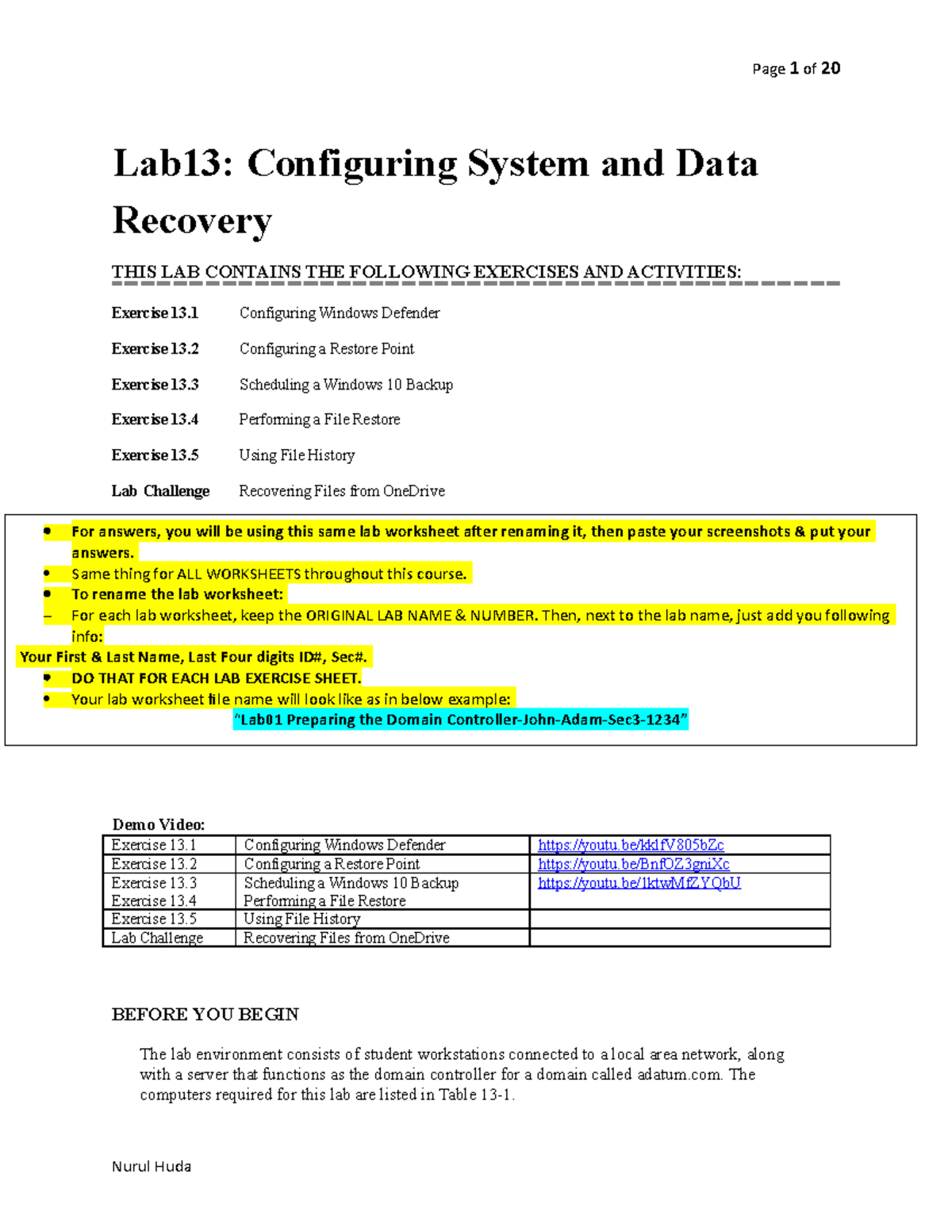 Lab13 Configuring System And Data Recovery - Lab13: Configuring System and Data Recovery THIS ...