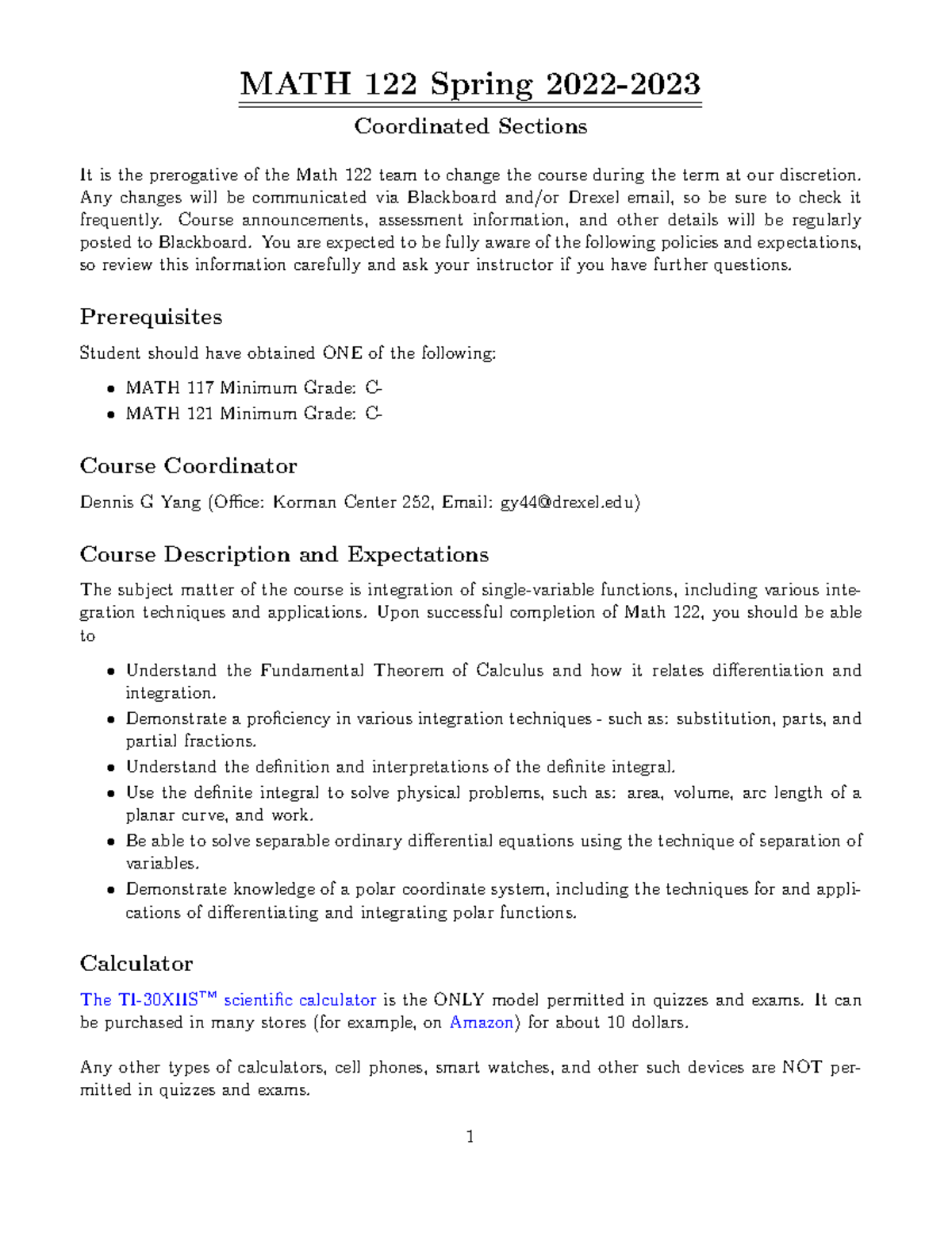 MATH122 Syllabus Spring 2023 - MATH 122 Spring 2022- Coordinated ...