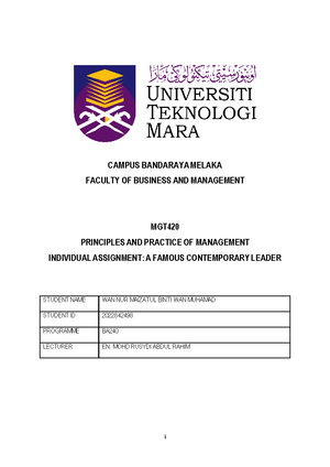 Assignment 2 MGT420 - INDIVIDUAL REFLECTION ESSAY - UITM CAWANGAN SABAH ...