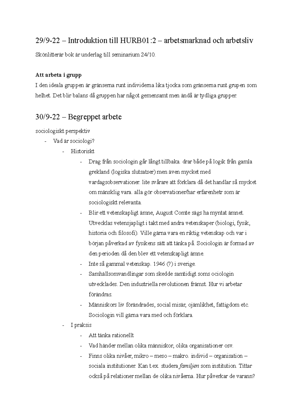 Anteckningar - Google Dokument - 29/9-22 – Introduktion till HURB01:2 – arbetsmarknad och ...