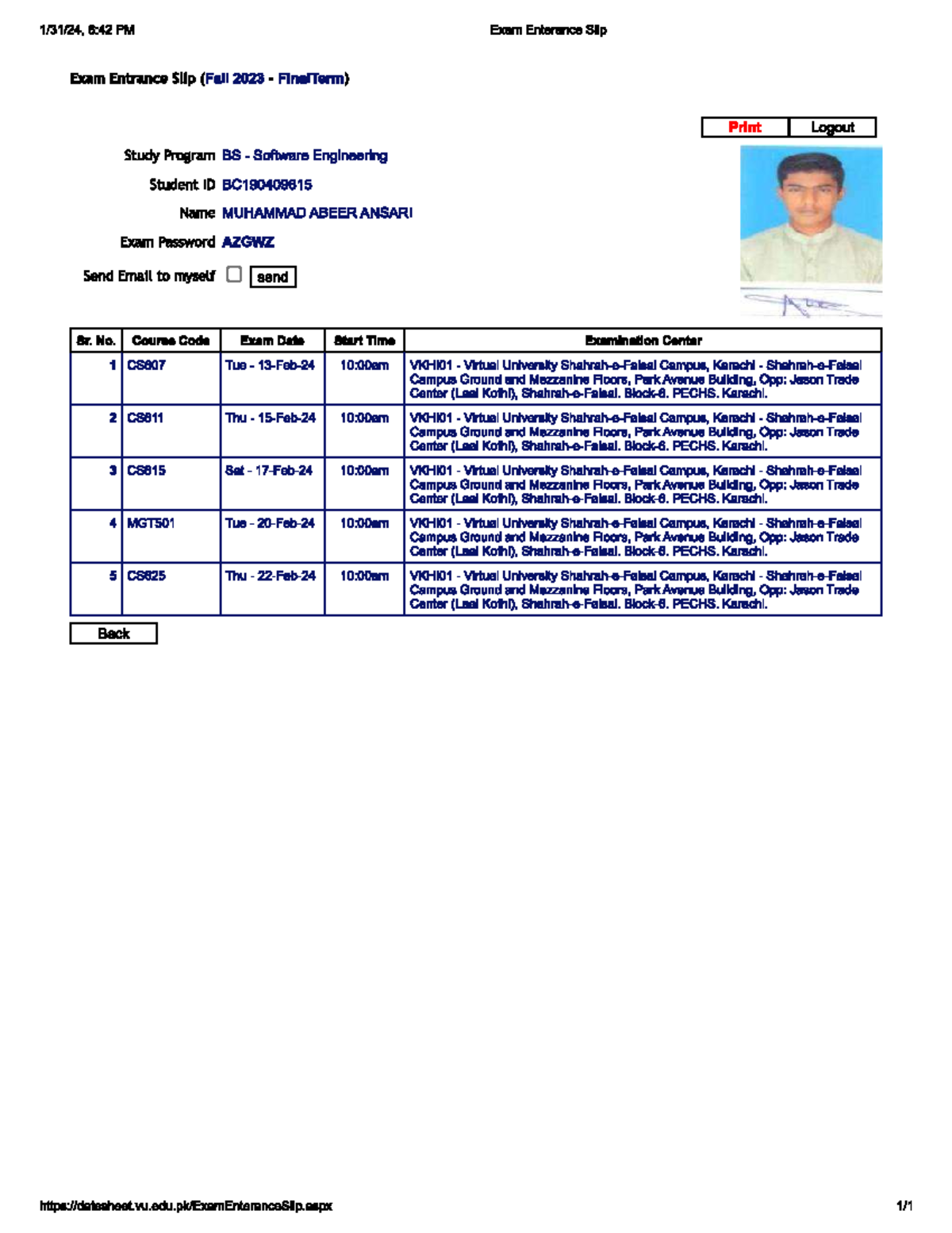 Exam Enterance Slip - Computer science - Studocu
