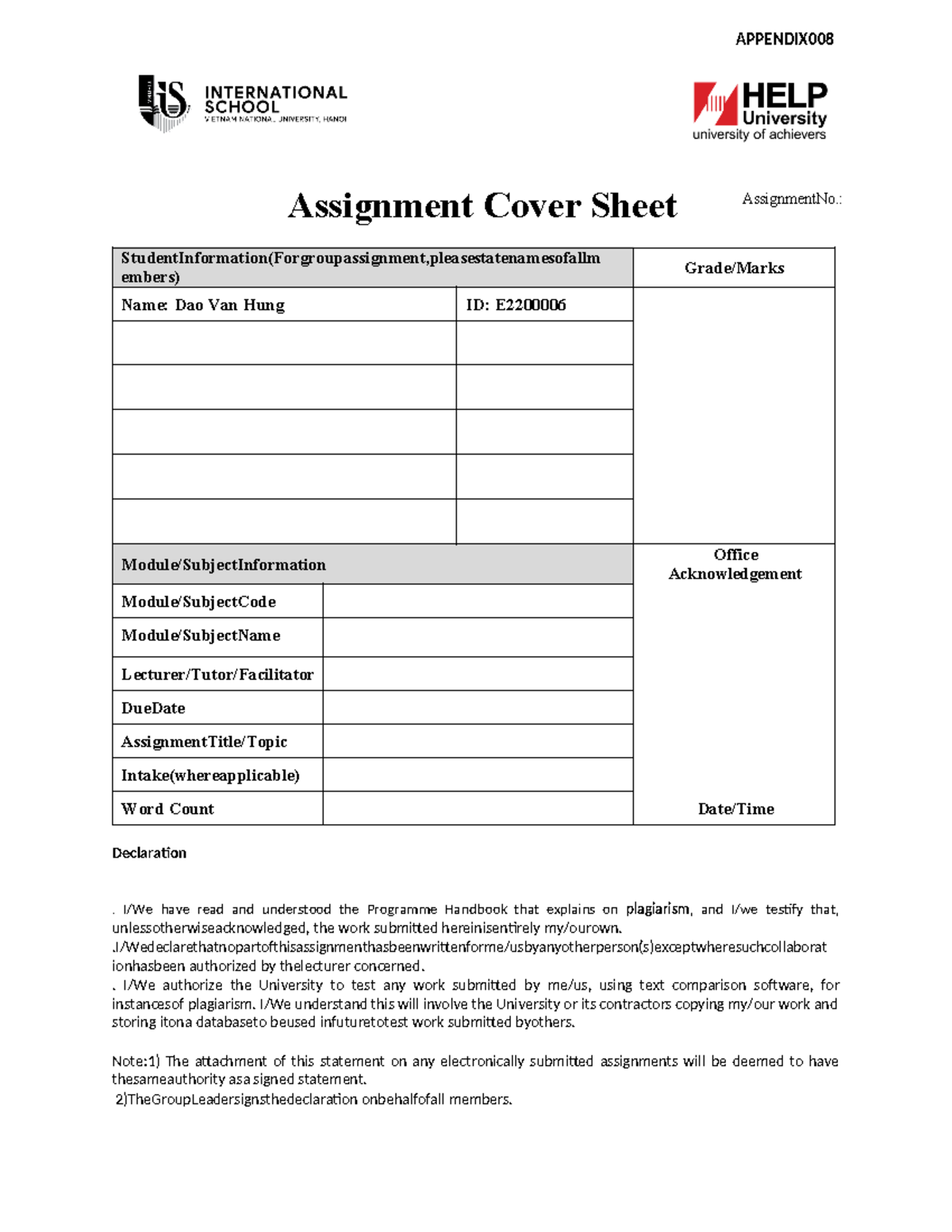 Bìa Help - Read it for information - APPENDIX Assignment Cover Sheet ...