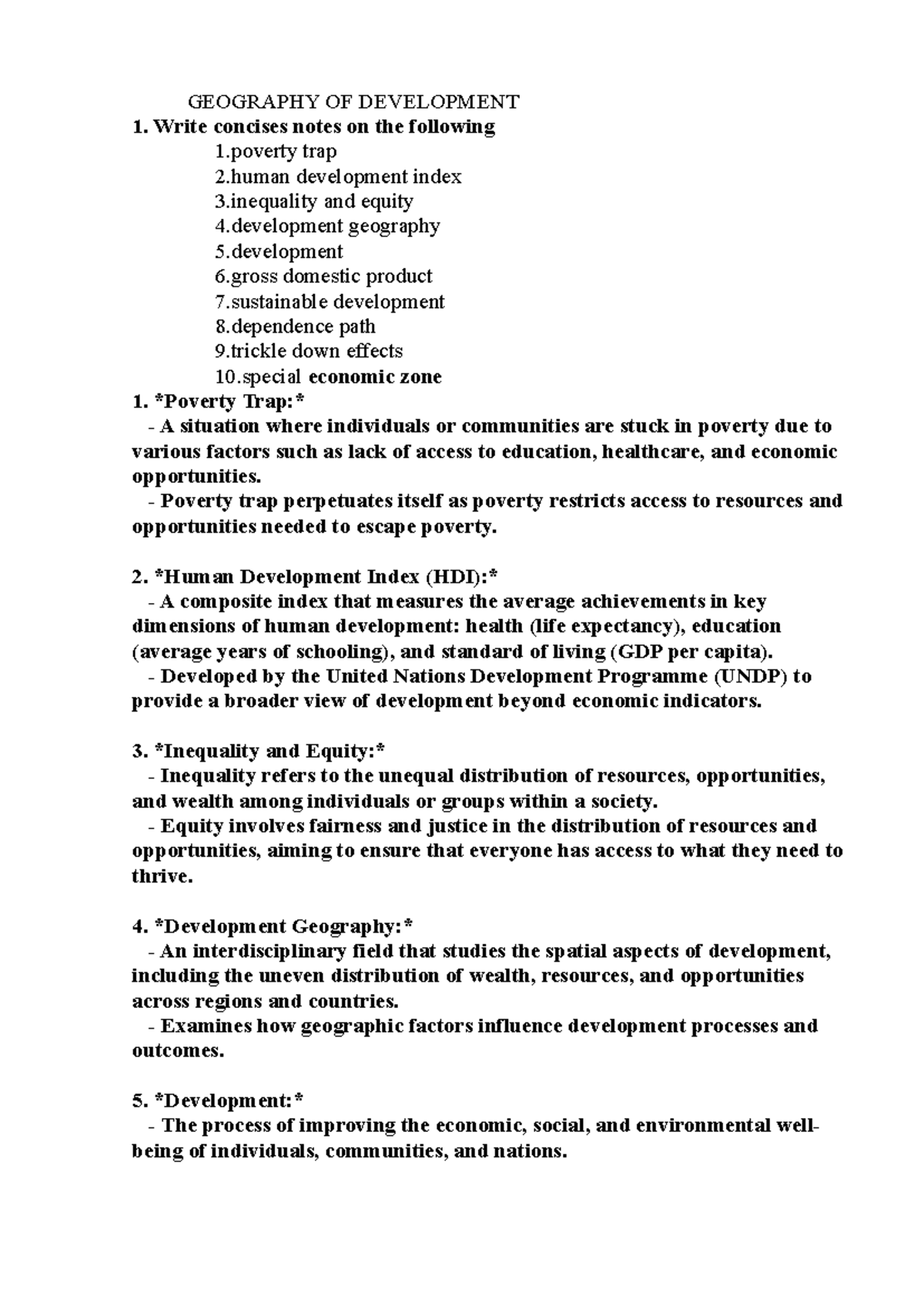 Geography OF Development - GEOGRAPHY OF DEVELOPMENT Write concises ...