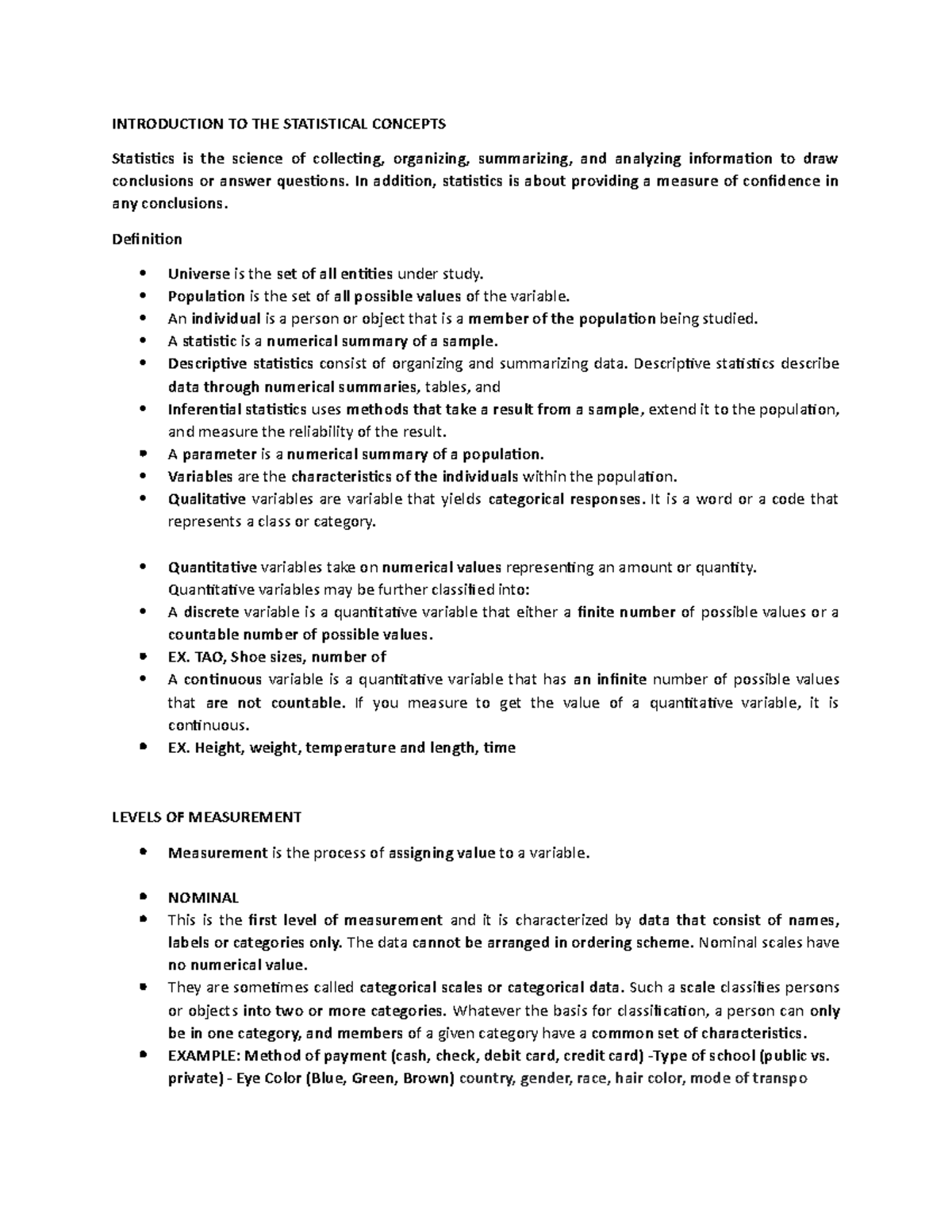 Stats - Statistics Notes - INTRODUCTION TO THE STATISTICAL CONCEPTS ...