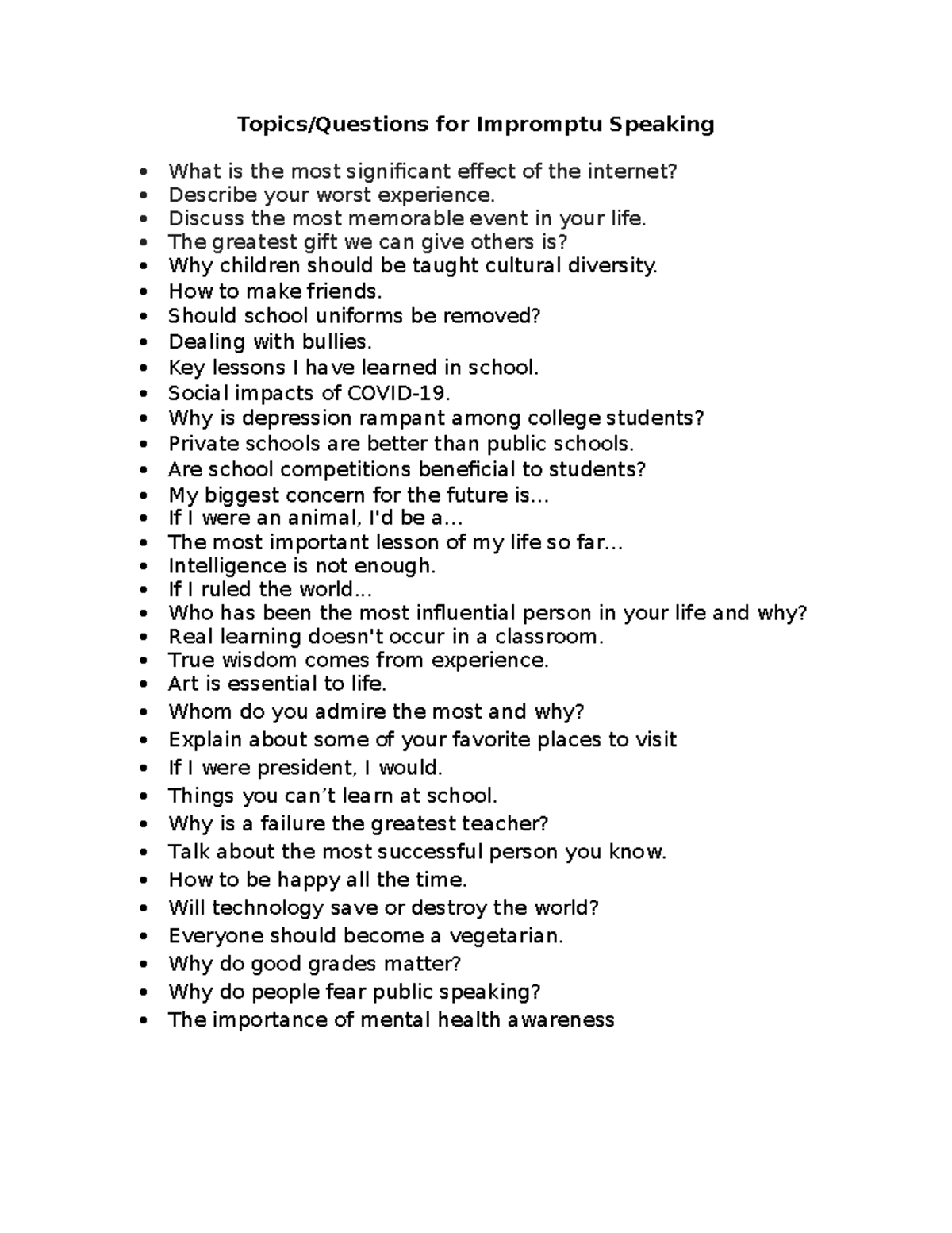 Topics-for-Impromptu - Topics/Questions for Impromptu Speaking What is ...