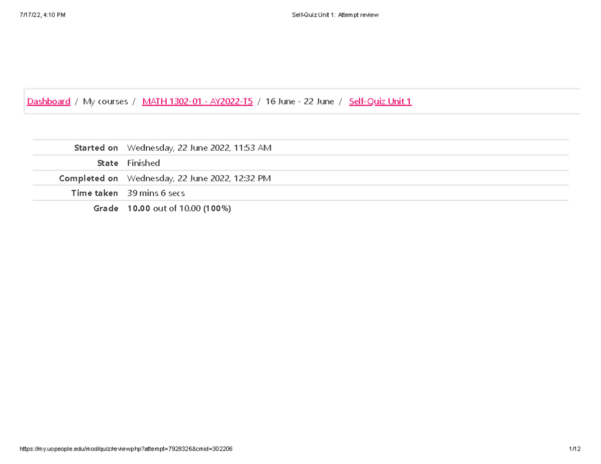 Self Quiz Unit 1 Attempt Review 1 Started On Wednesday 22 June 2022 11 53 Am State Finished
