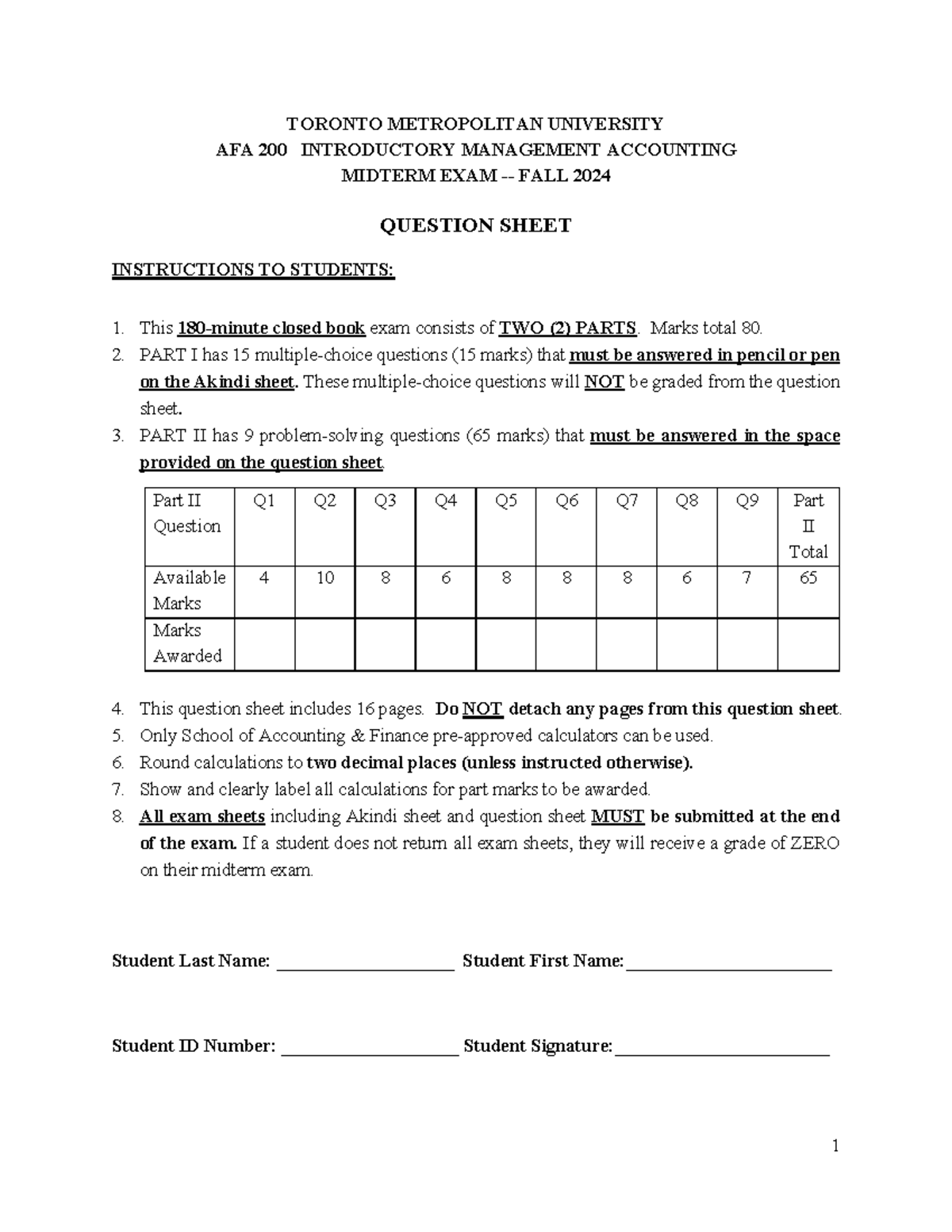 AFA200 F24 Midterm cover page - 1 TORONTO METROPOLITAN UNIVERSITY AFA ...