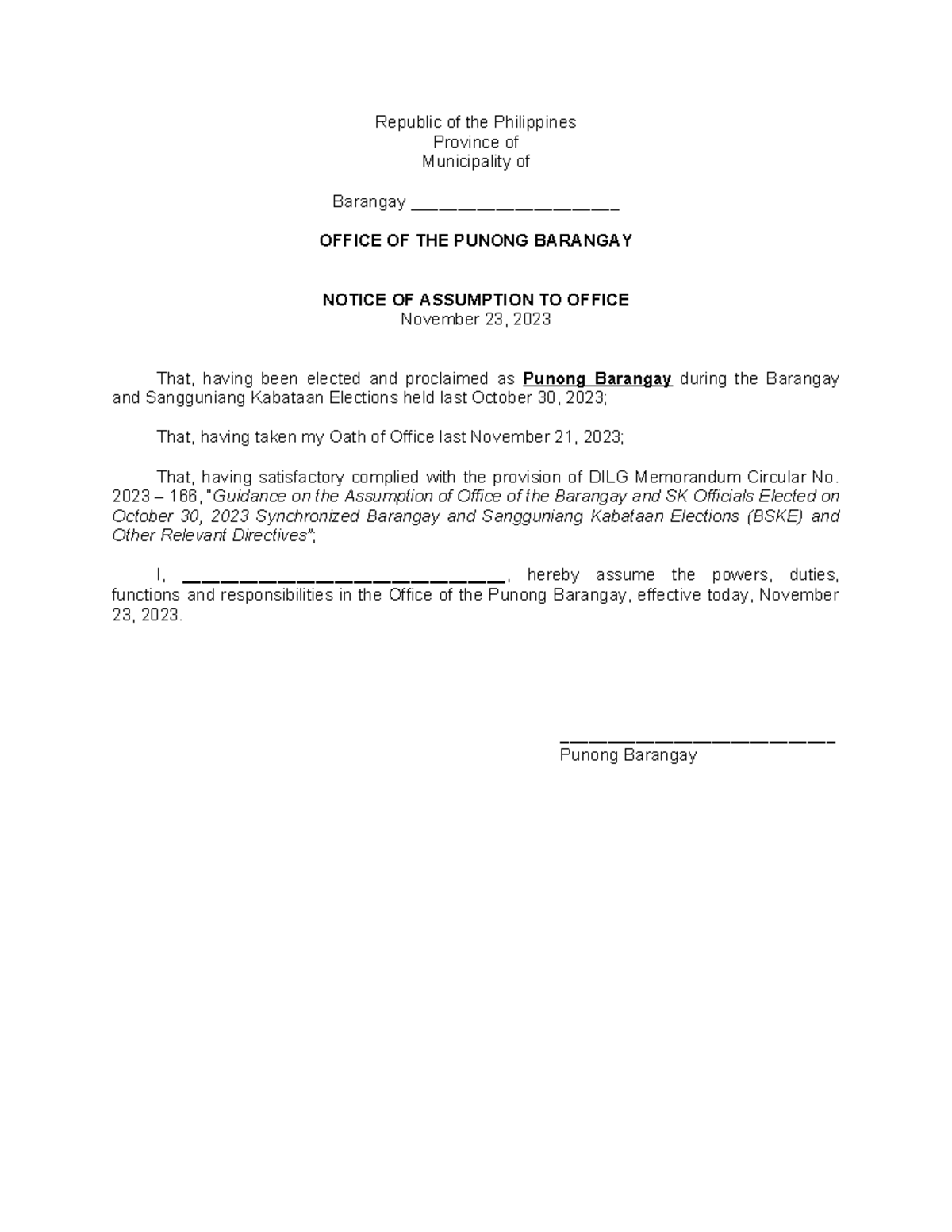 Notice of Assumption PB & BRGY. KAGAWAD - Republic of the Philippines ...