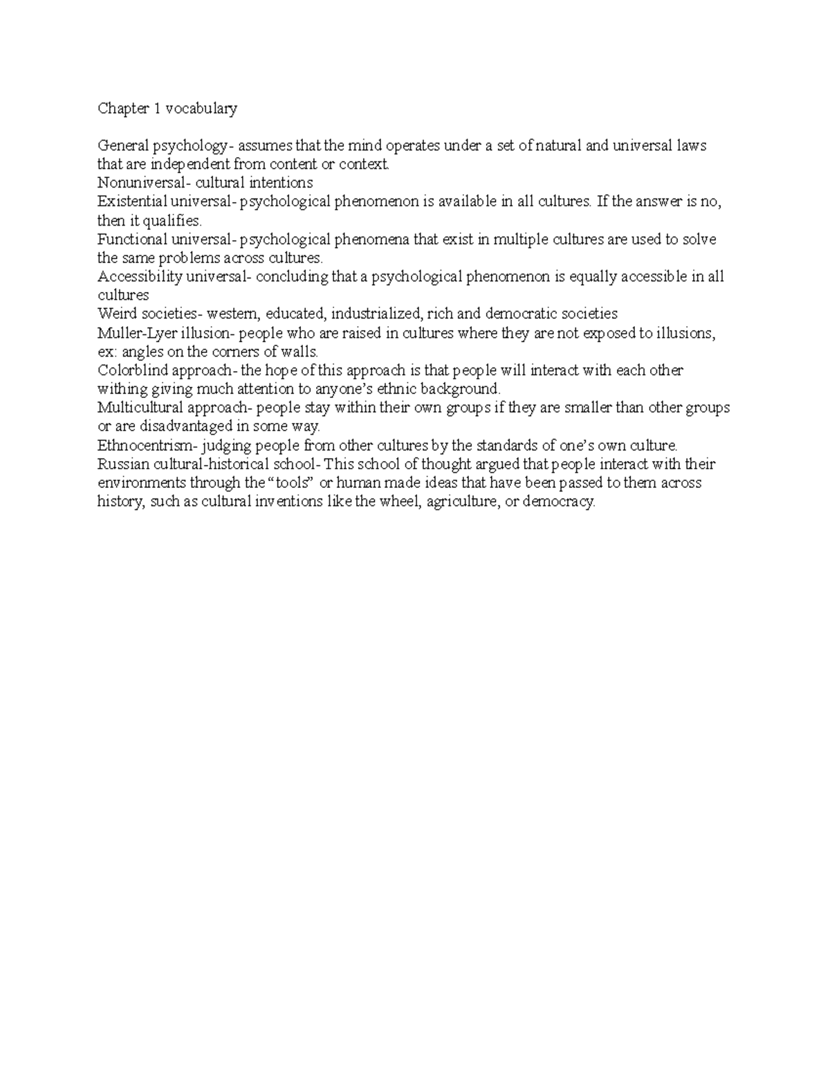 Chapter 1 vocabulary - vocab - Chapter 1 vocabulary General psychology ...