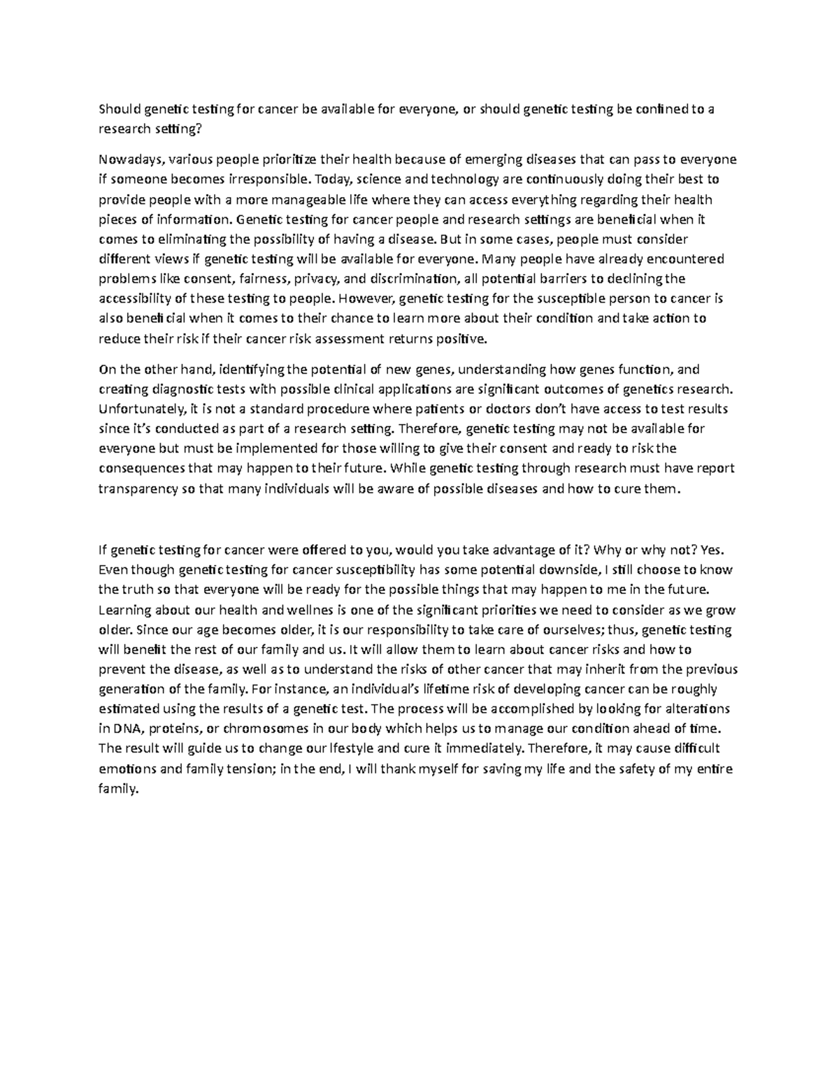 BIO CASE 4 - Case study about biology - Should genetic testing for ...