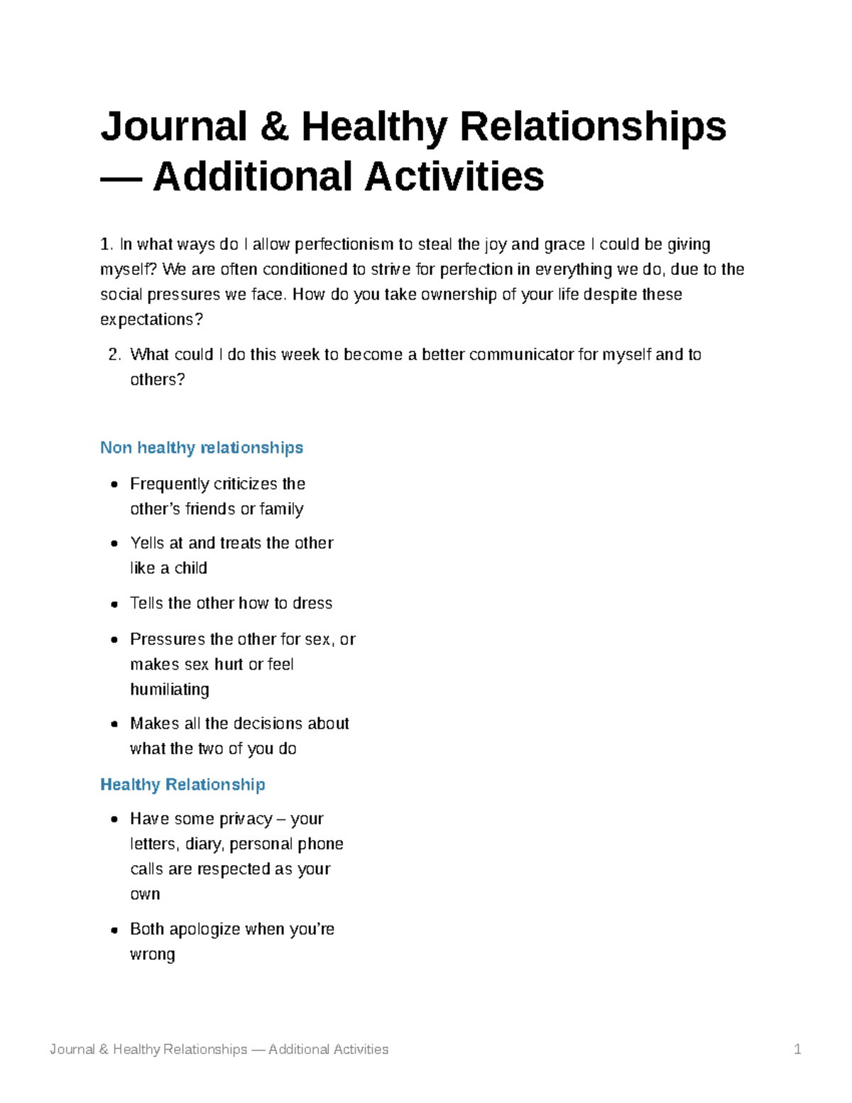 Journal Healthy Relationships Additional Activities - Journal & Healthy ...
