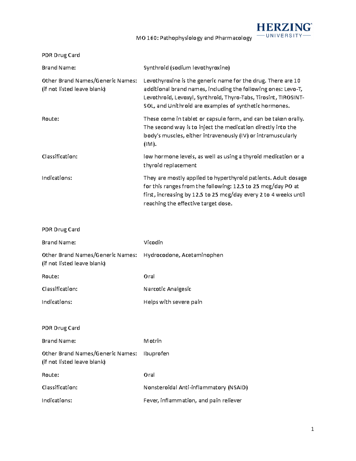 MO160 Unit 1 Assignment PDR Drug Card Template - MO 160 - Studocu