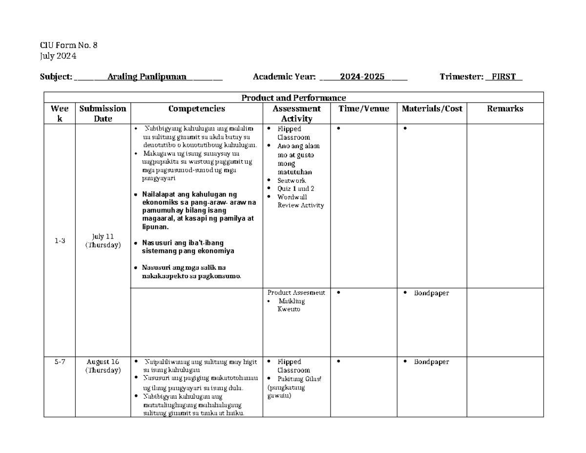 Ap Lapr - wew - CIU Form No. 8 July 2024 Subject: Araling Panlipunan ...