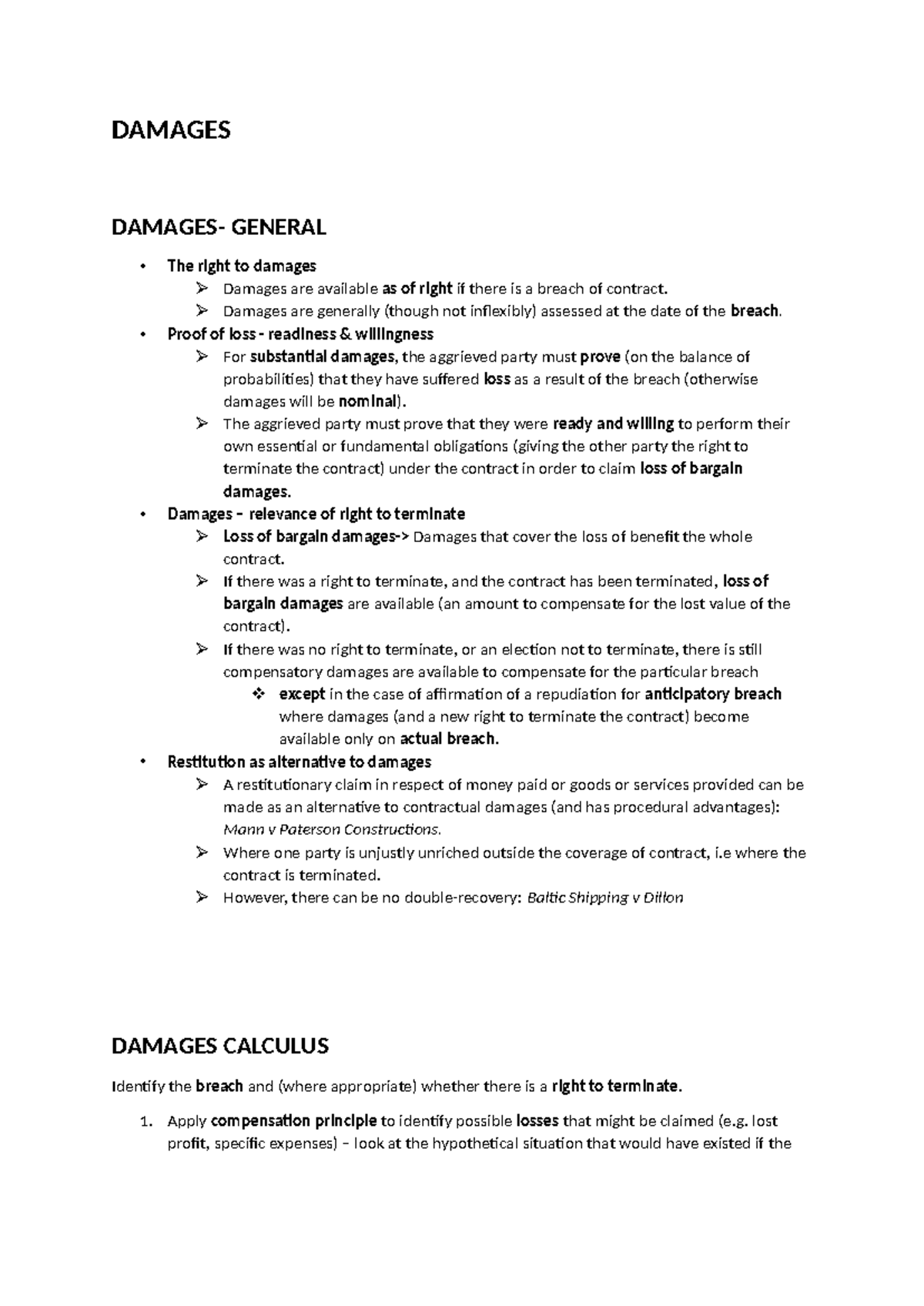 1-Damages Exam Notes - DAMAGES DAMAGES- GENERAL • The right to damages ...
