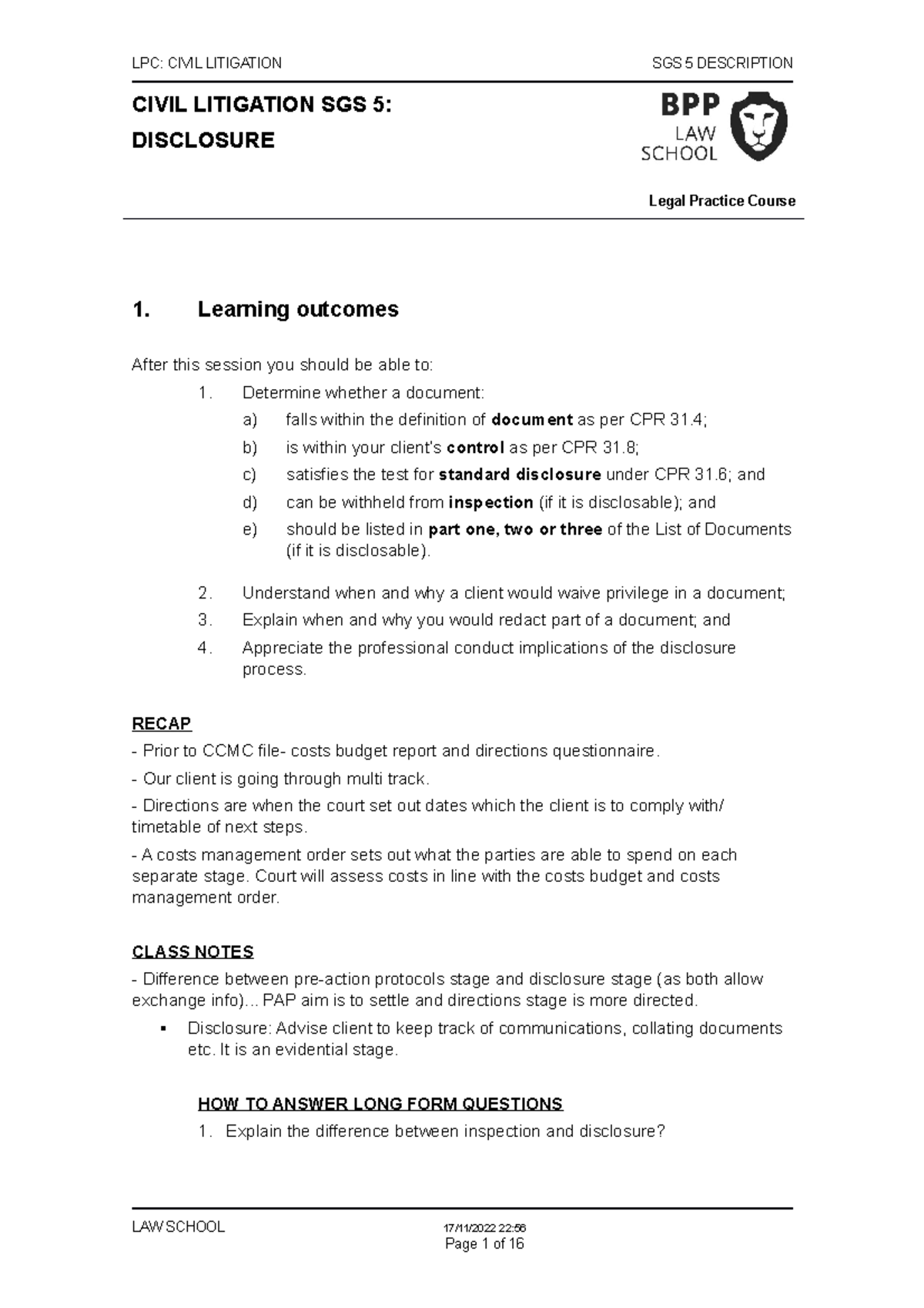 Civil Litigation SGS 5 Description - LPC: CIVIL LITIGATION SGS 5 ...